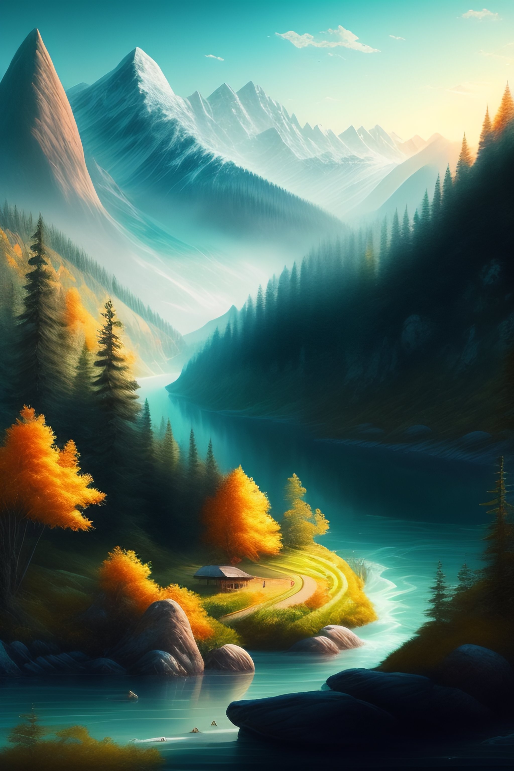 Lexica - Landscape in the nature with mountains and trees and a river