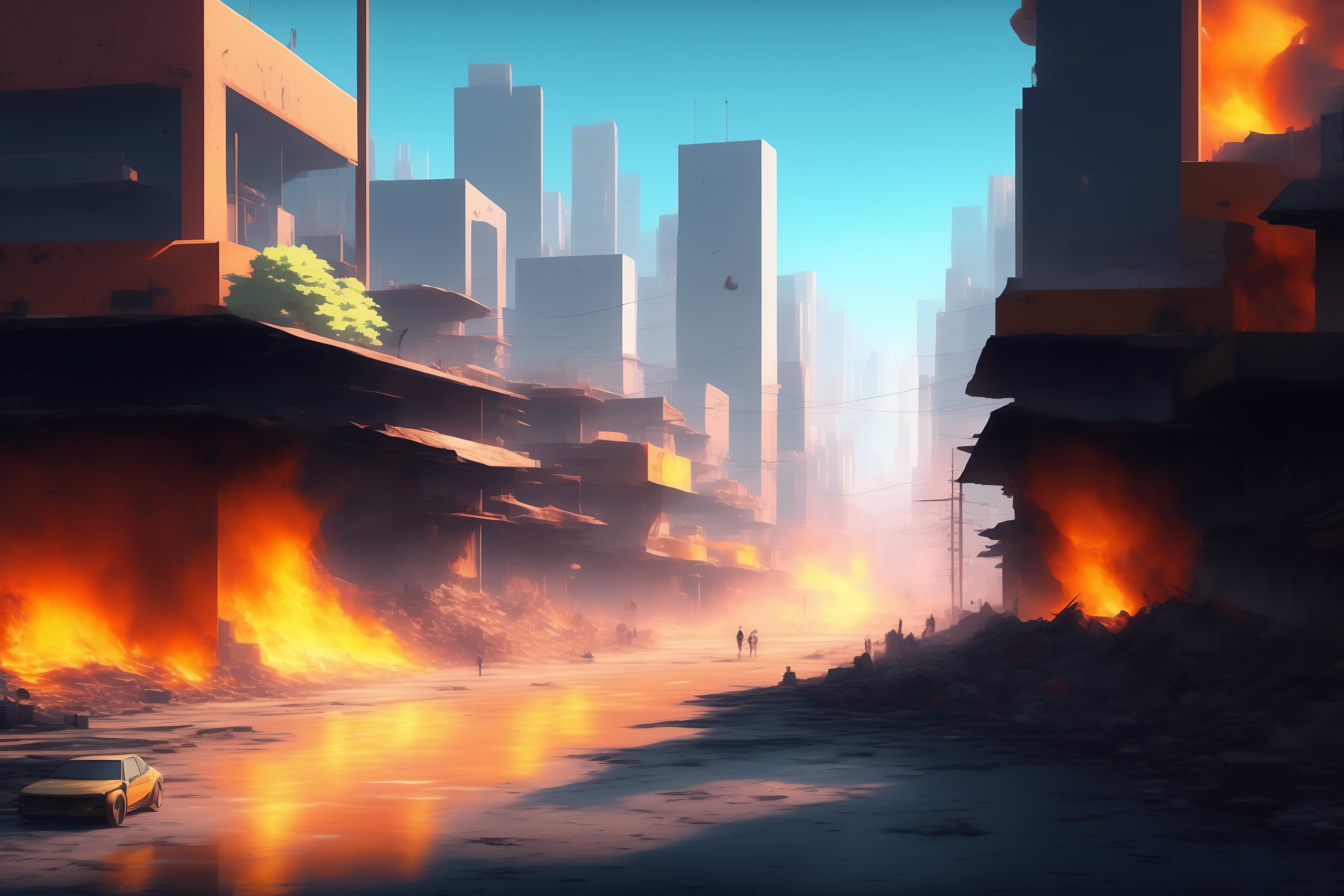 Lexica - A city that's on fire with broken buildings and rubble on the ...