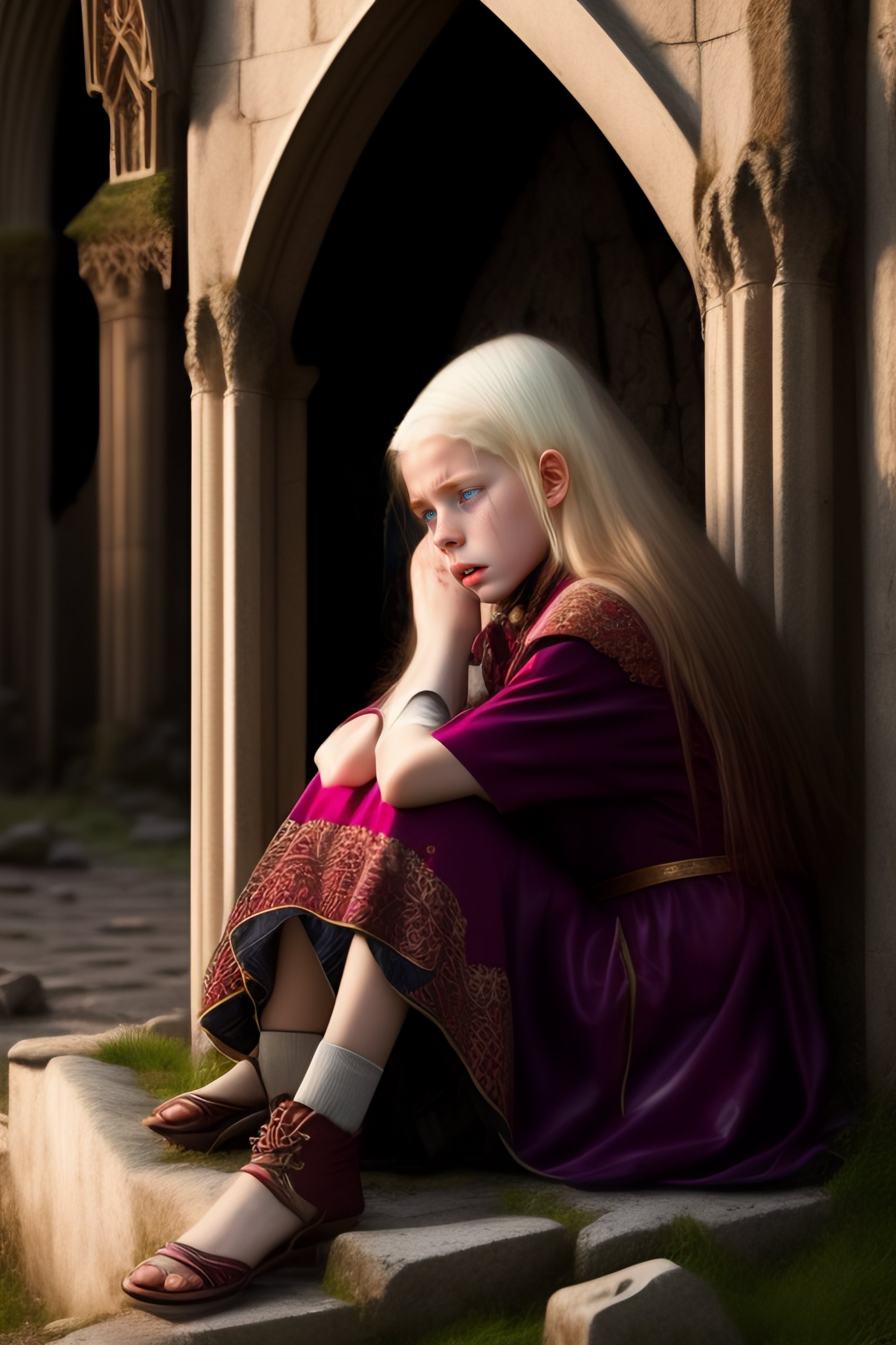 Lexica - 12 years old crying sad albino vampire female sitting on the ...