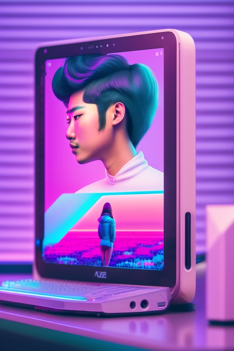 Lexica - A gamer admires a photo of a girl, vaporwave 2d