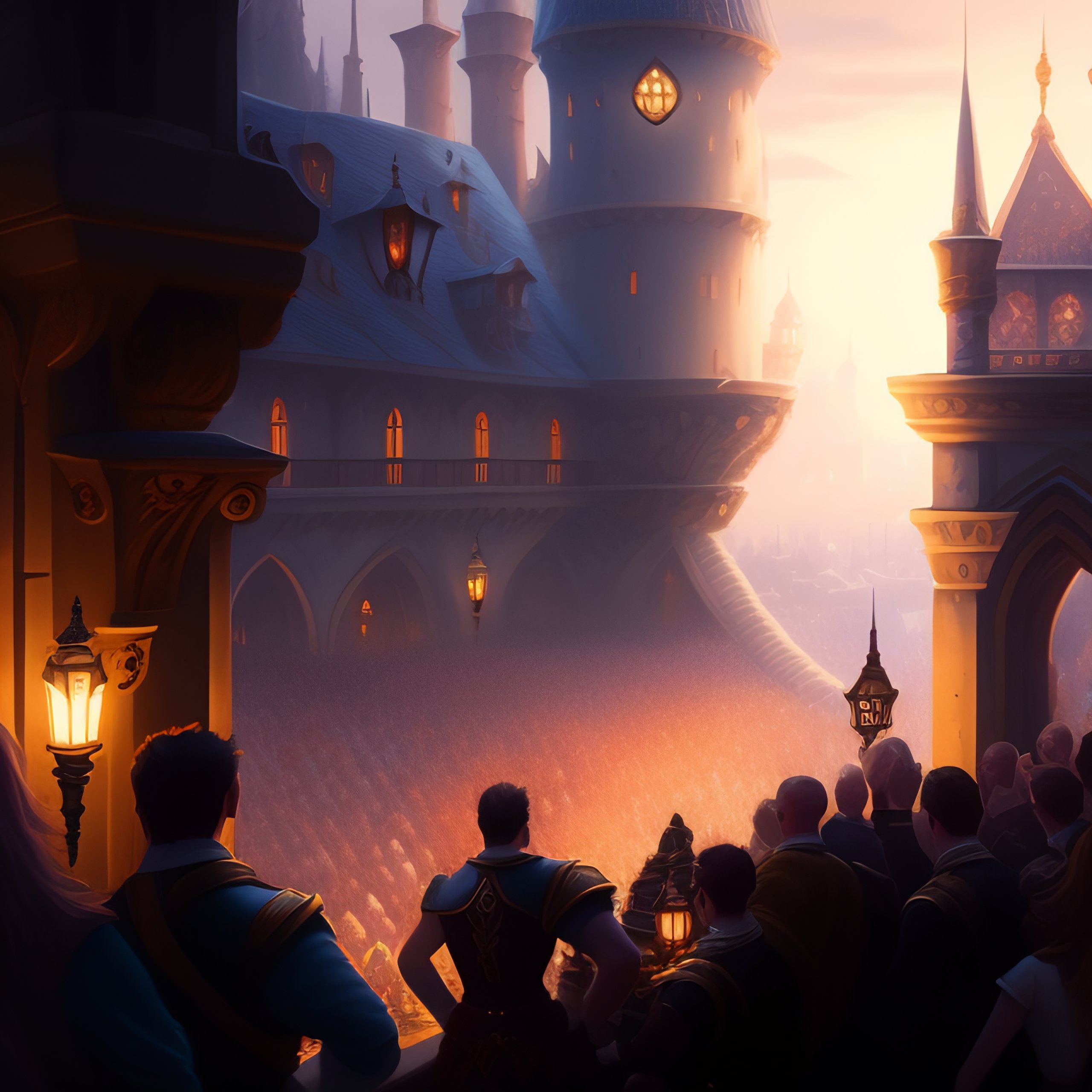 Lexica - Drunken cheering crowd below castle balcony, low angle ...