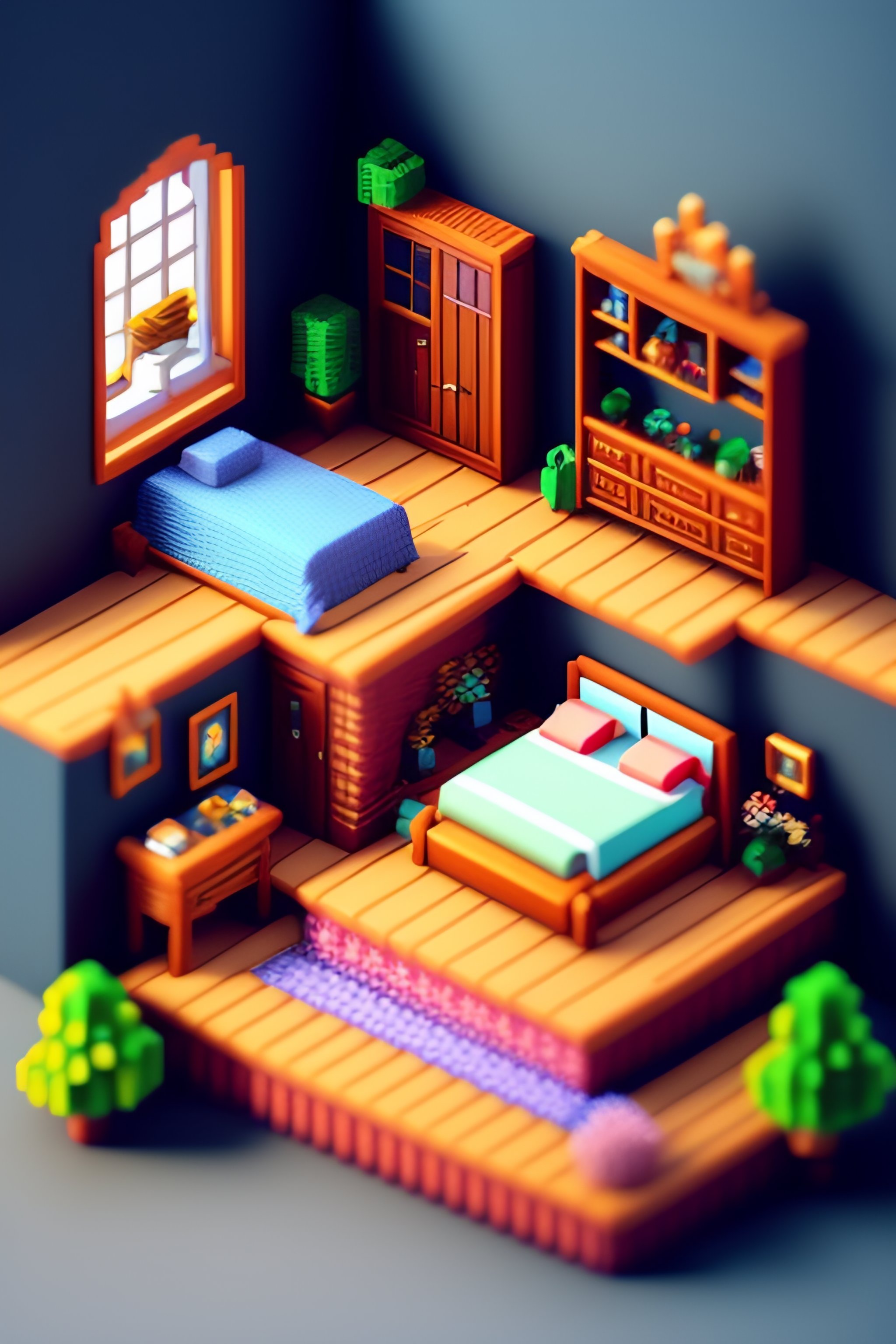 Lexica - "Create a detailed isometric bedroom scene in pixel art style ...