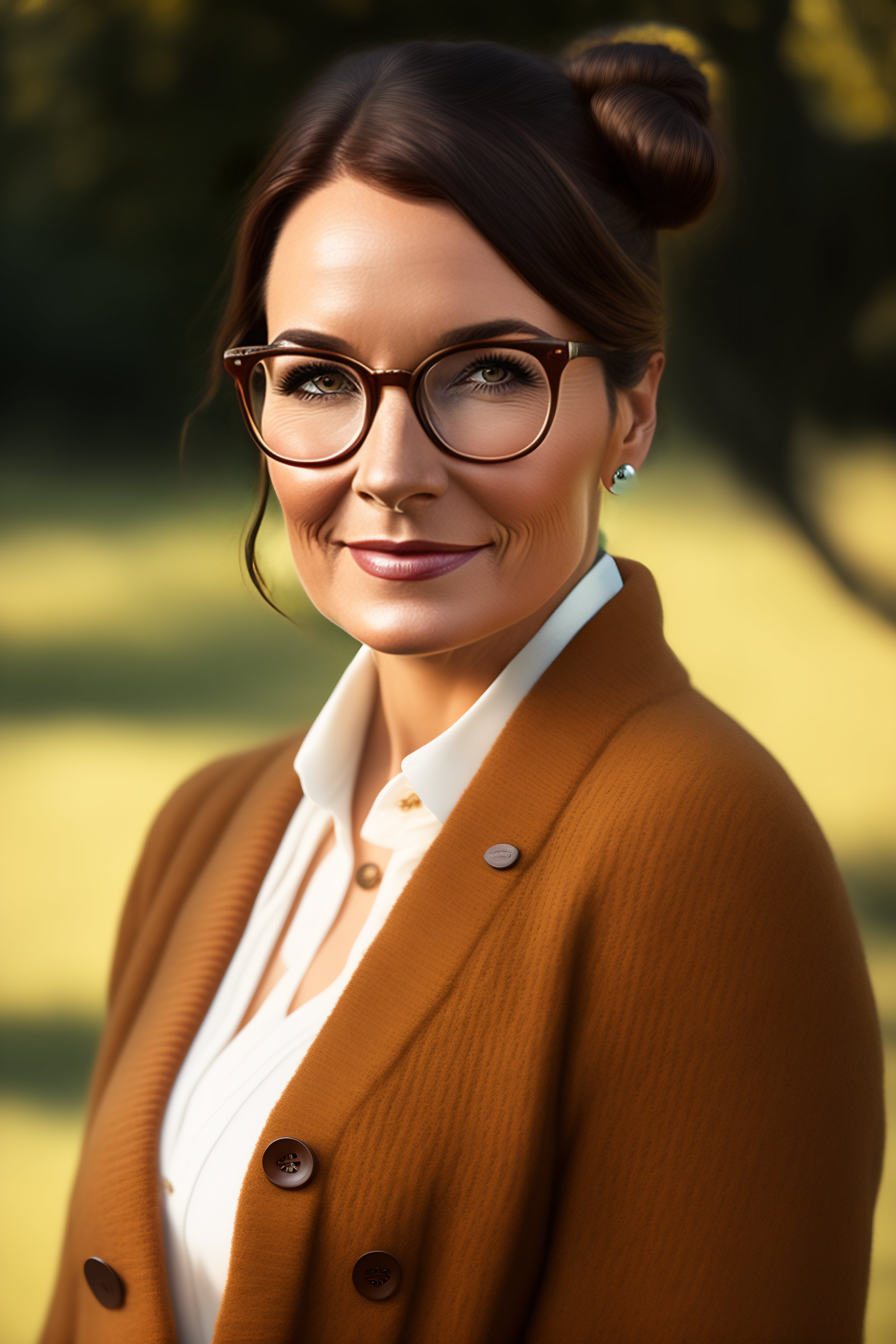 Lexica - Portrait of anna, female, 41 years, brown hair, bun, round ...