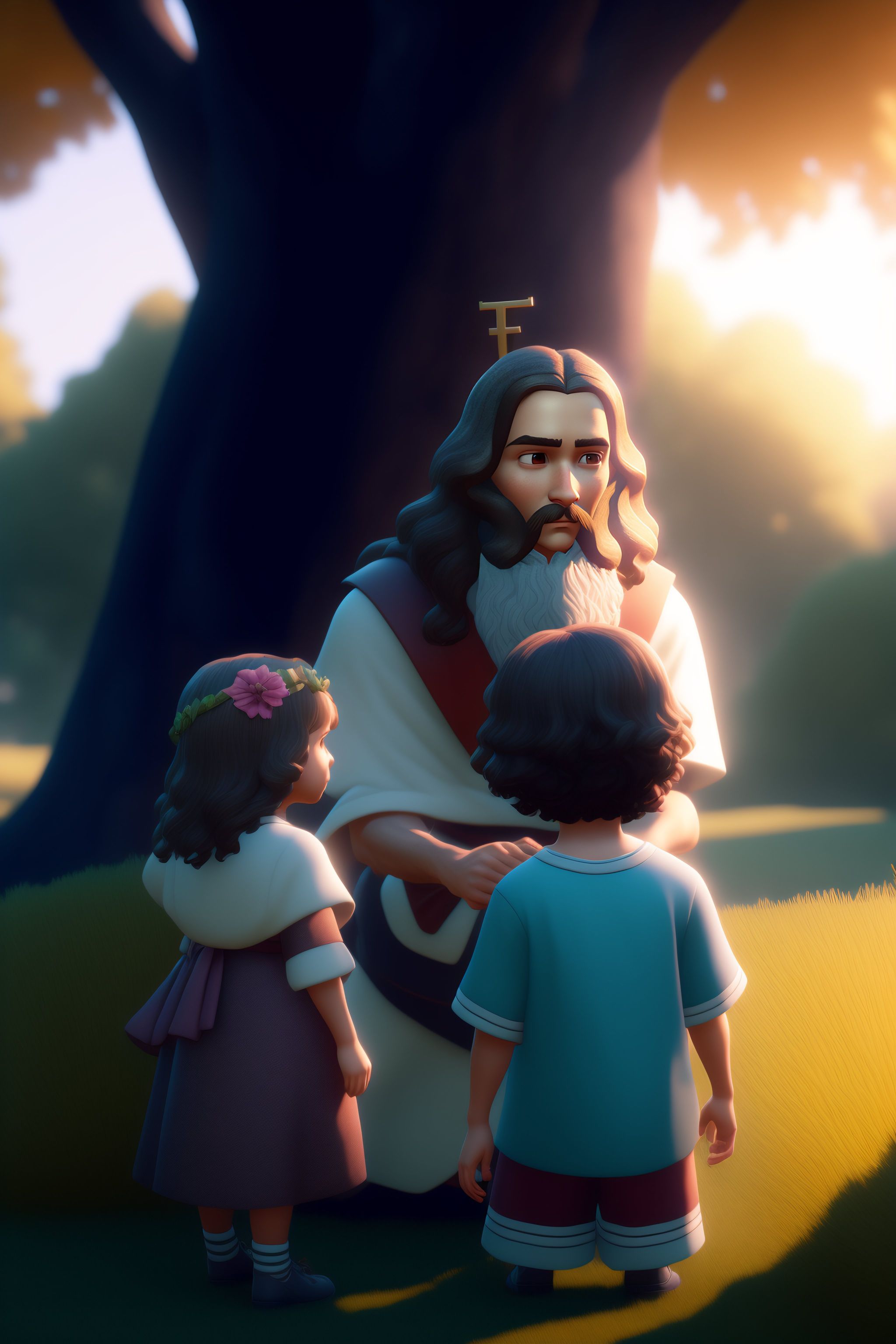Lexica - Jesus with kids ,unreal engine, under a tree, artstation ...