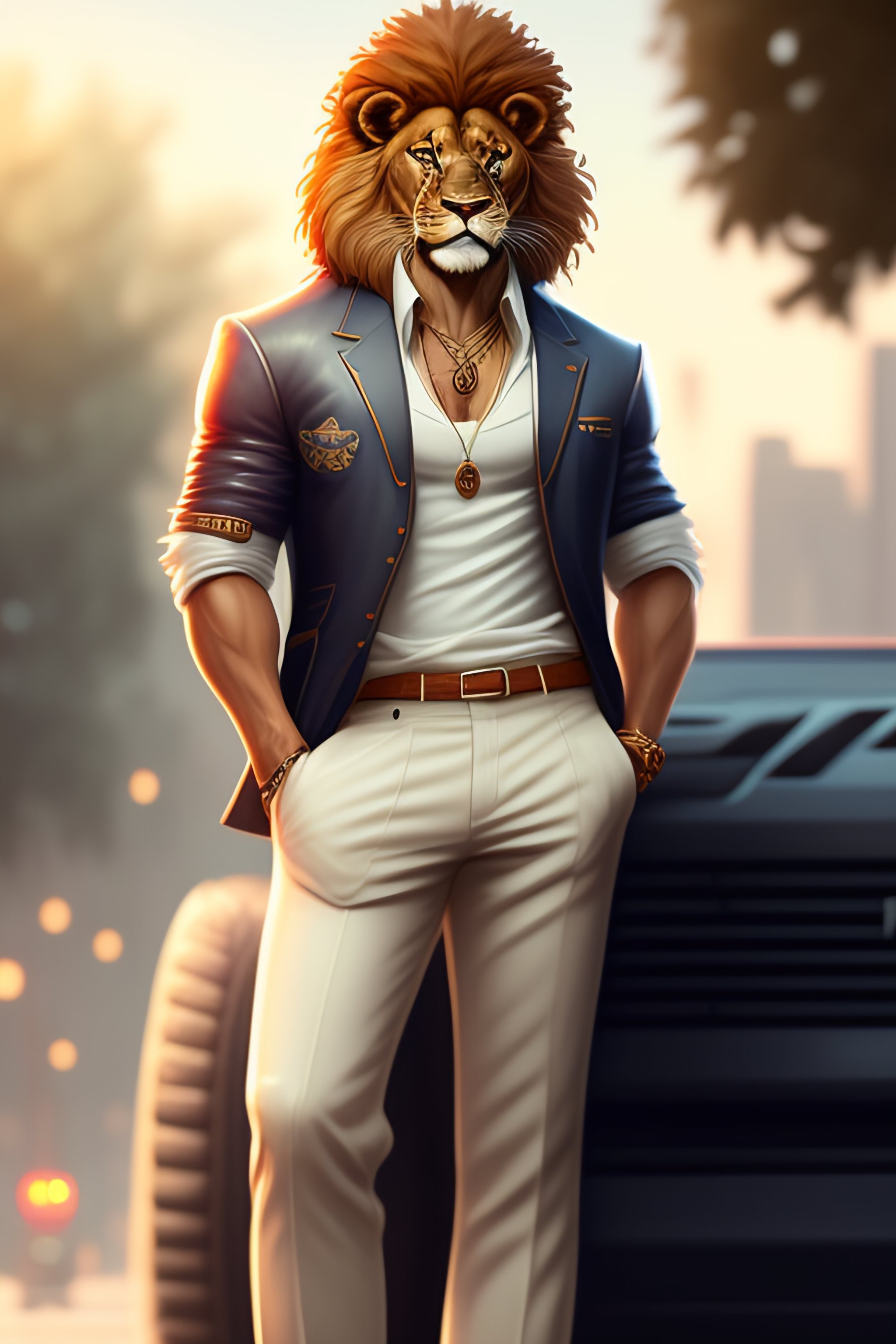 Lexica - Anthro furry humanoid lion, white shirt pant, drinking coffee ...