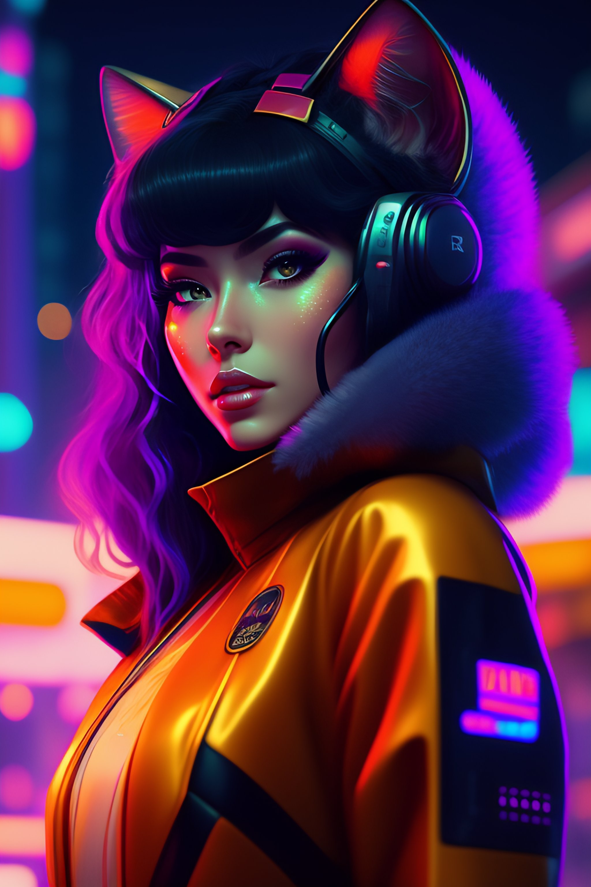 Lexica - Portrait of a Cute Cyberpunk Cat Girl in a Retro Future ...