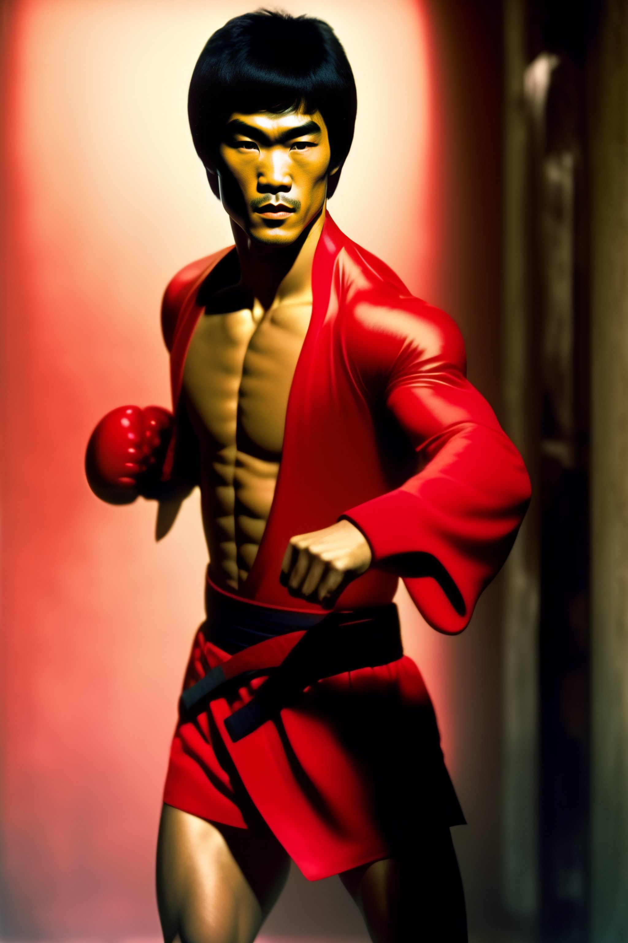 Lexica - Bruce lee portant un kimono rouge, sur un rign de boxe, très ...