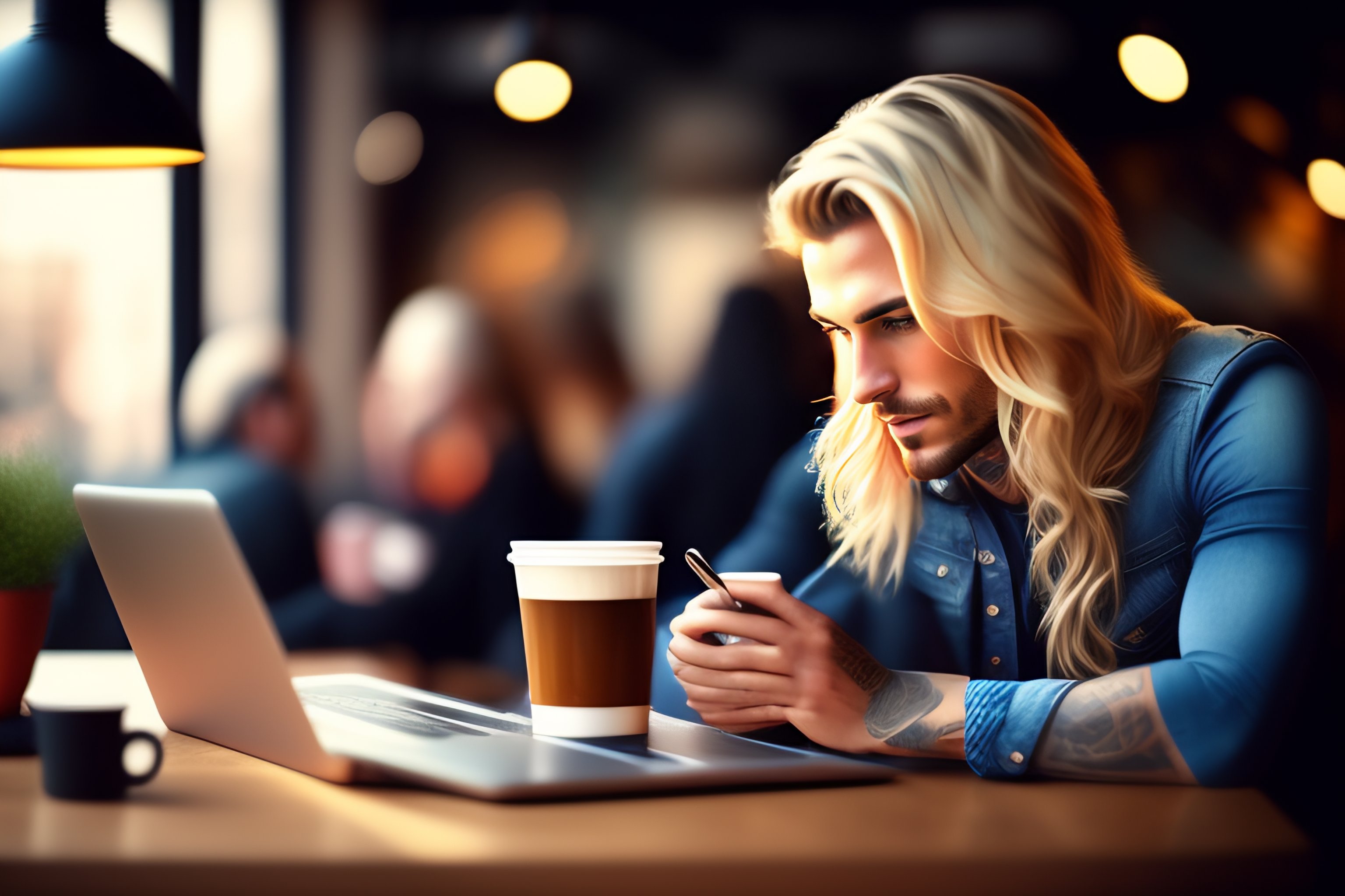 Lexica - Pr agent, hipster, tattos, working in cafe, laptop of brand ...