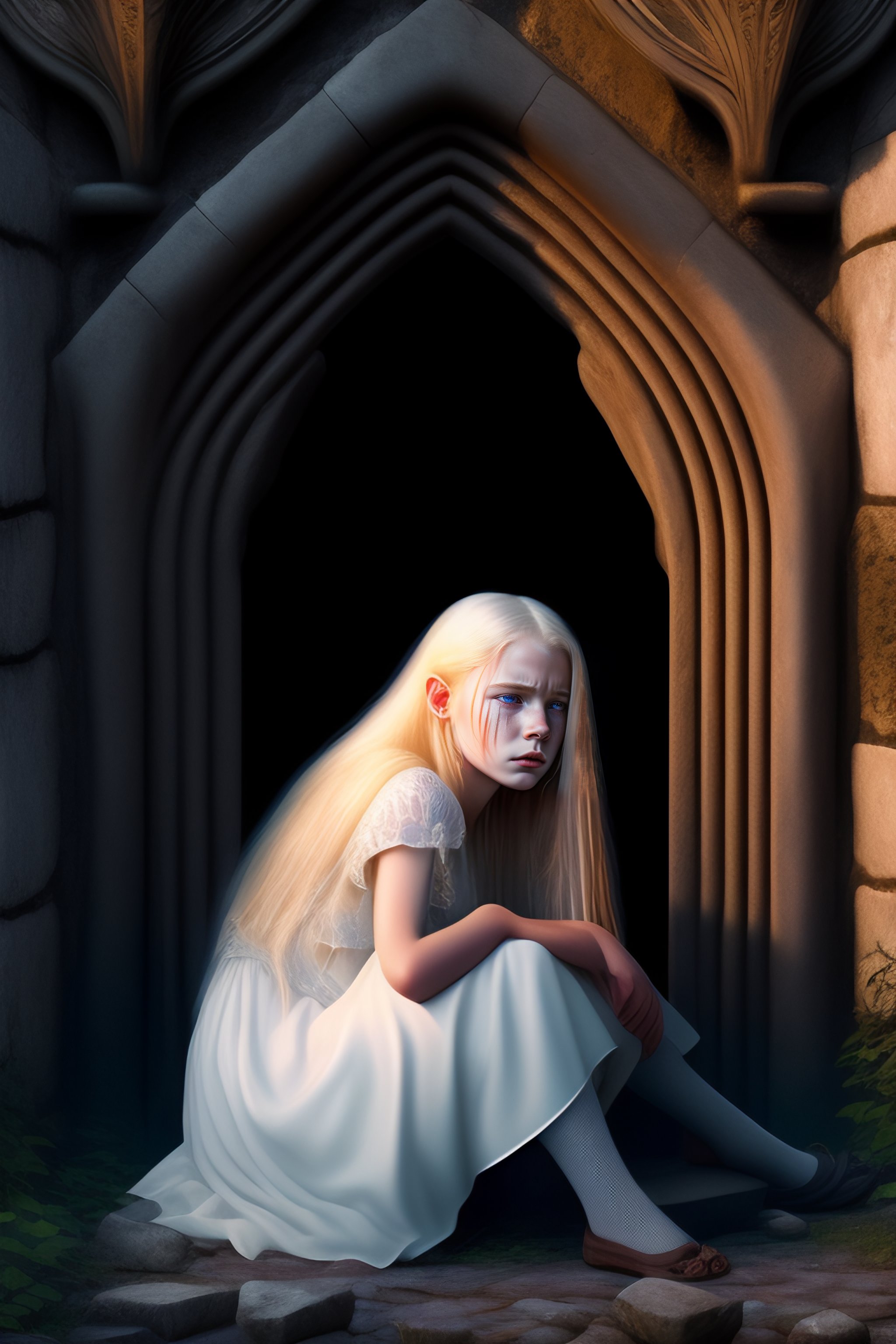 Lexica - 12 years old crying sad albino vampire female sitting on the ...