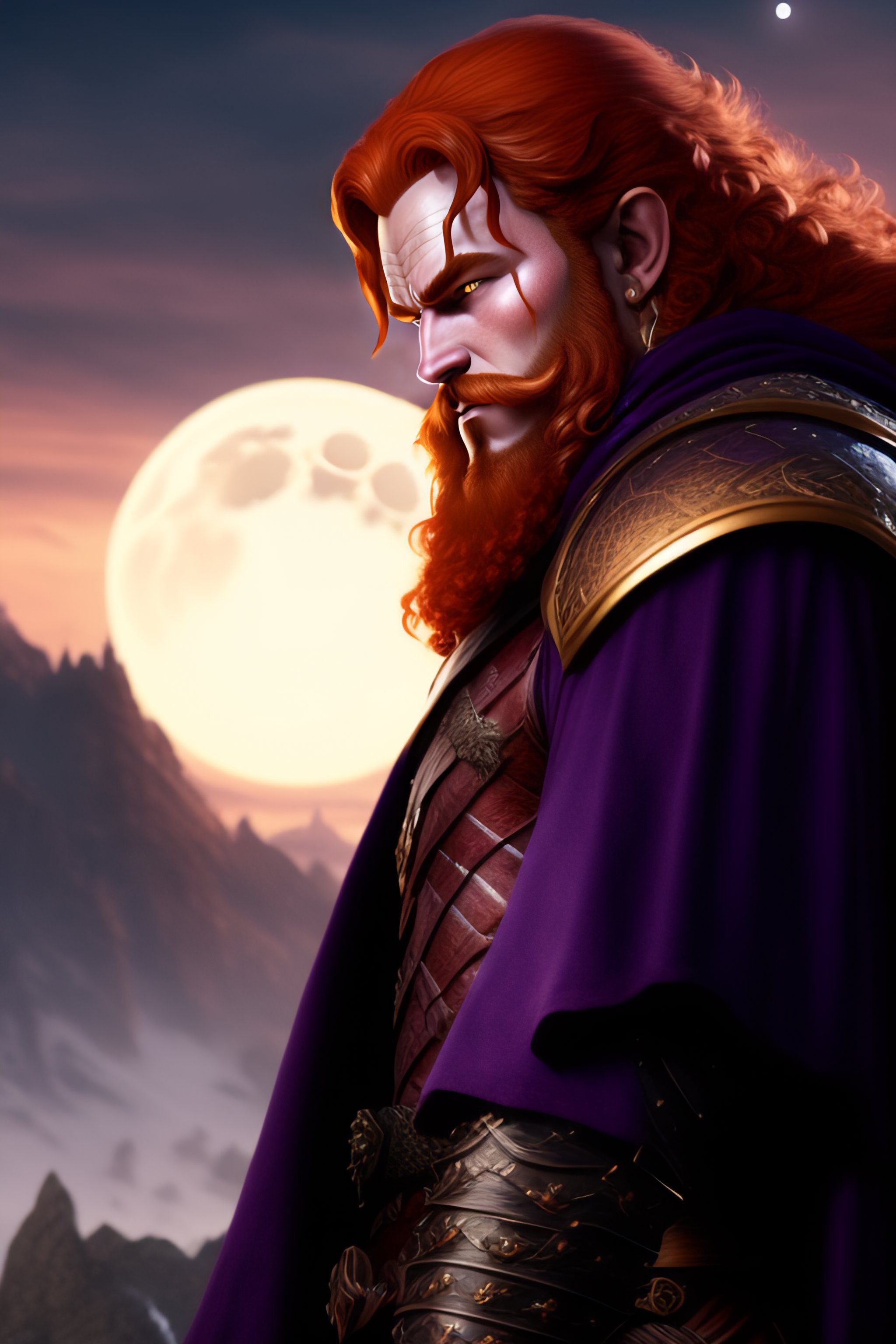 Lexica - A redhead fantasy dwarf, manly face, wearing very dark purple ...