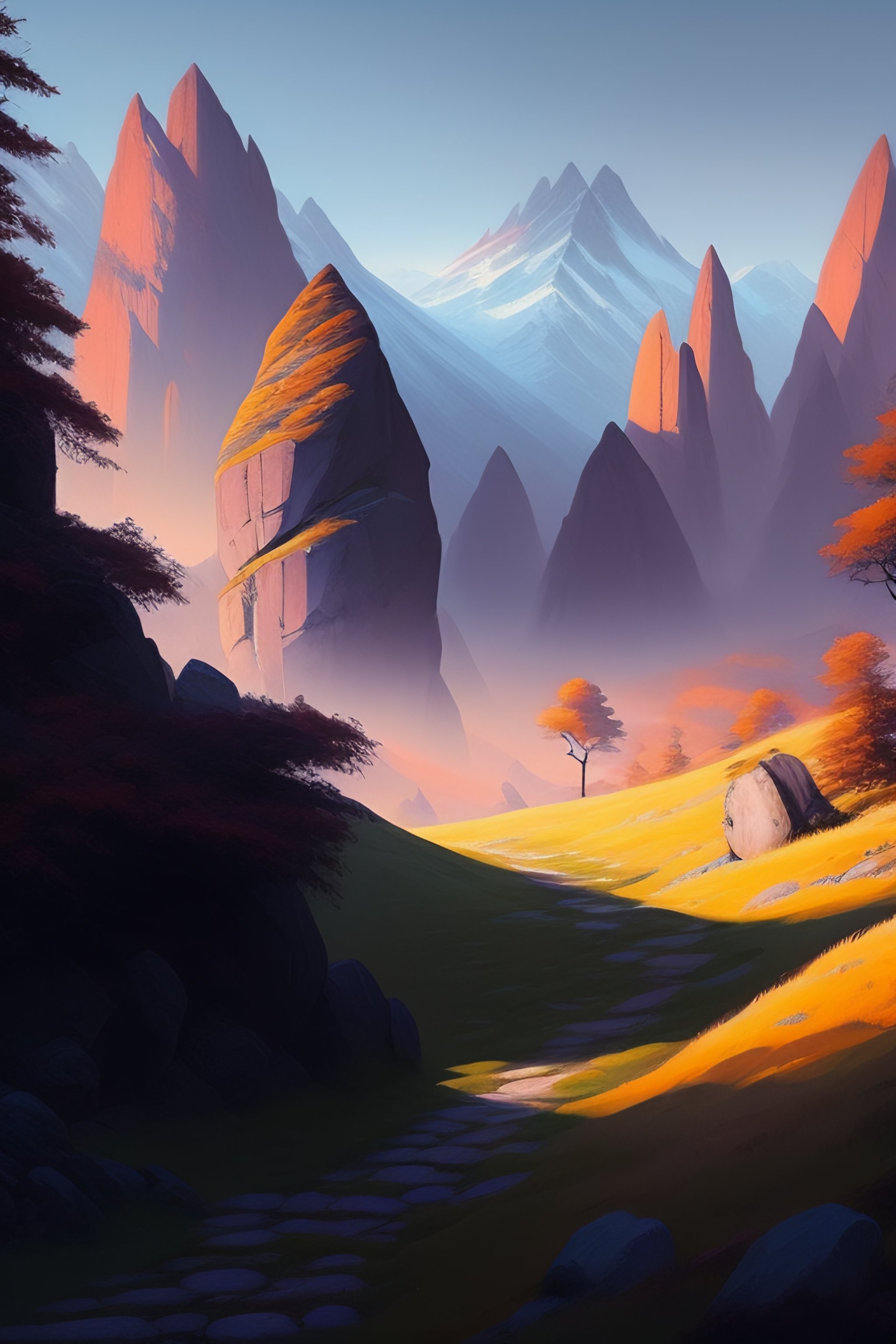 Lexica - Hills background, stones, trees, roerich, digital painting ...