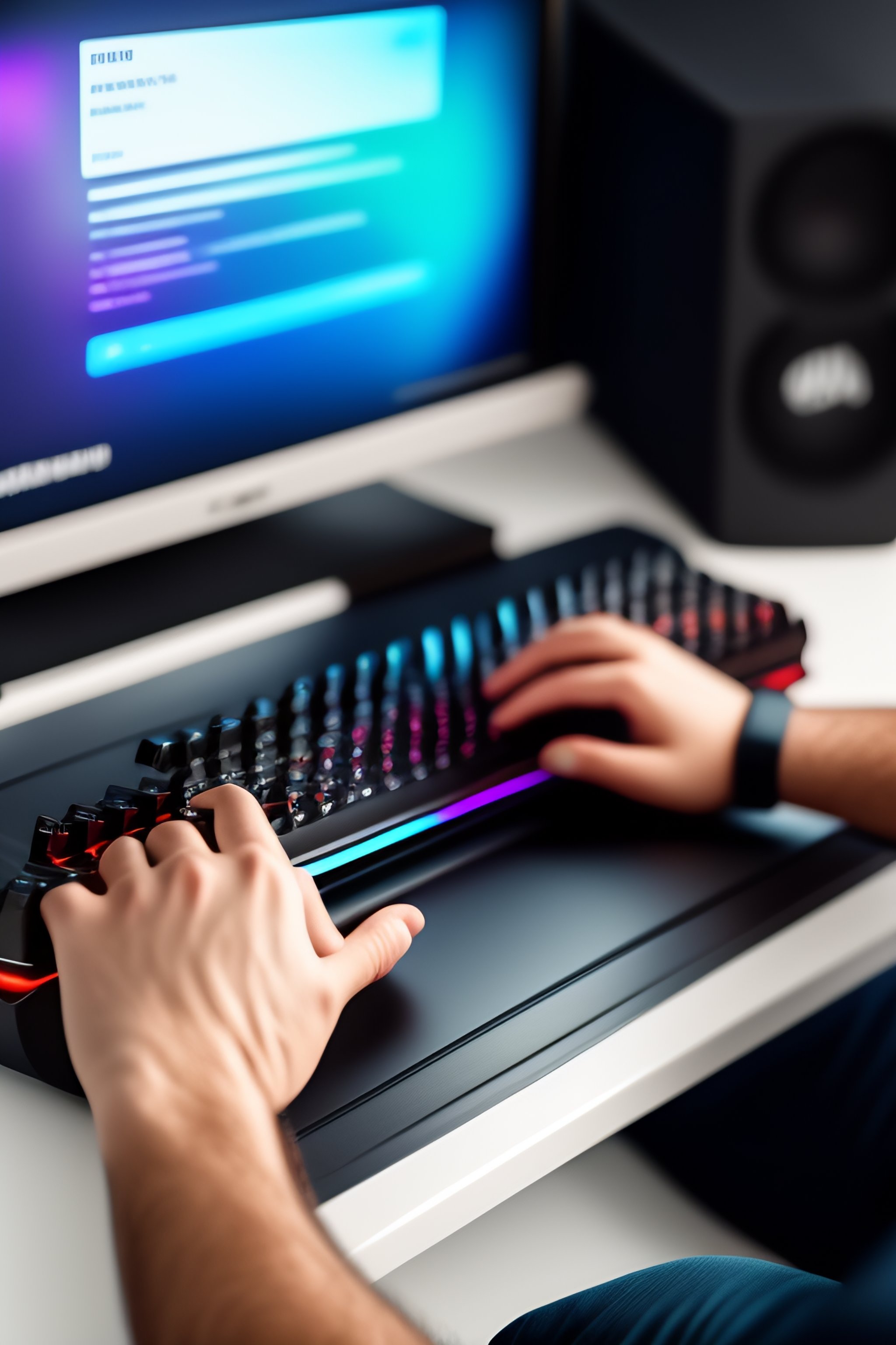 Lexica - Youtuber typing on a mechanic keyboard with 3 screens in front ...