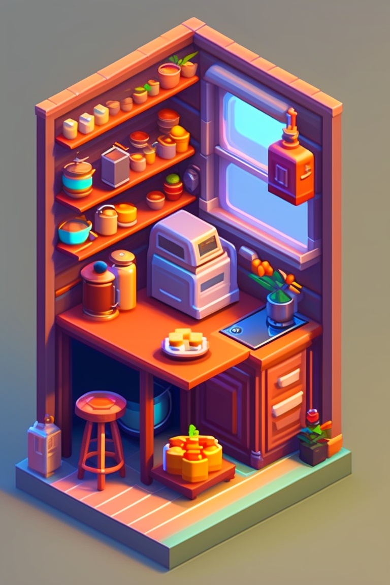 Lexica - Isometric tiny kitchen. Pixel art, detailed.