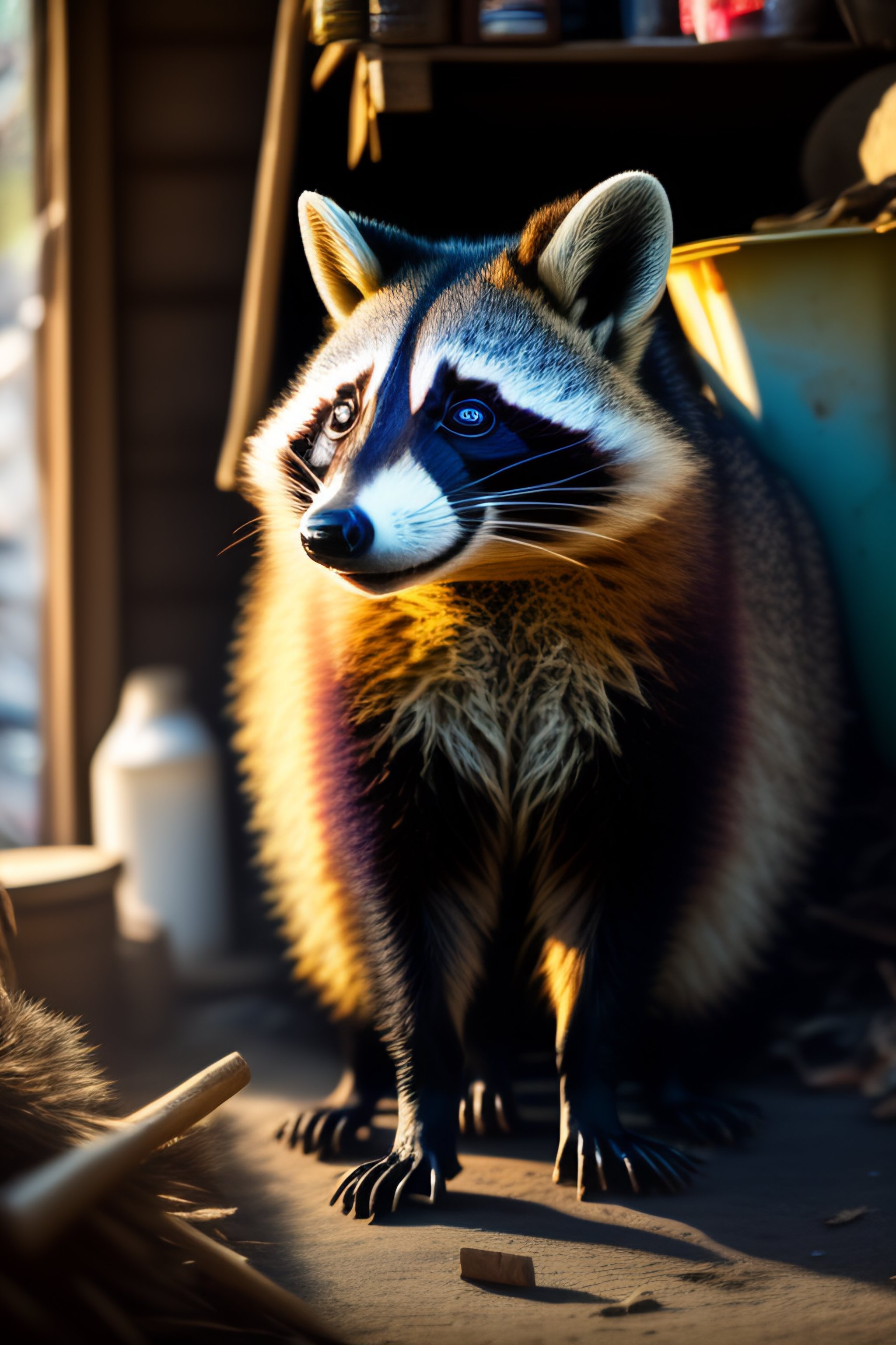 Lexica - Wide angle Environmental shot of evil raccoon in a cluttered ...