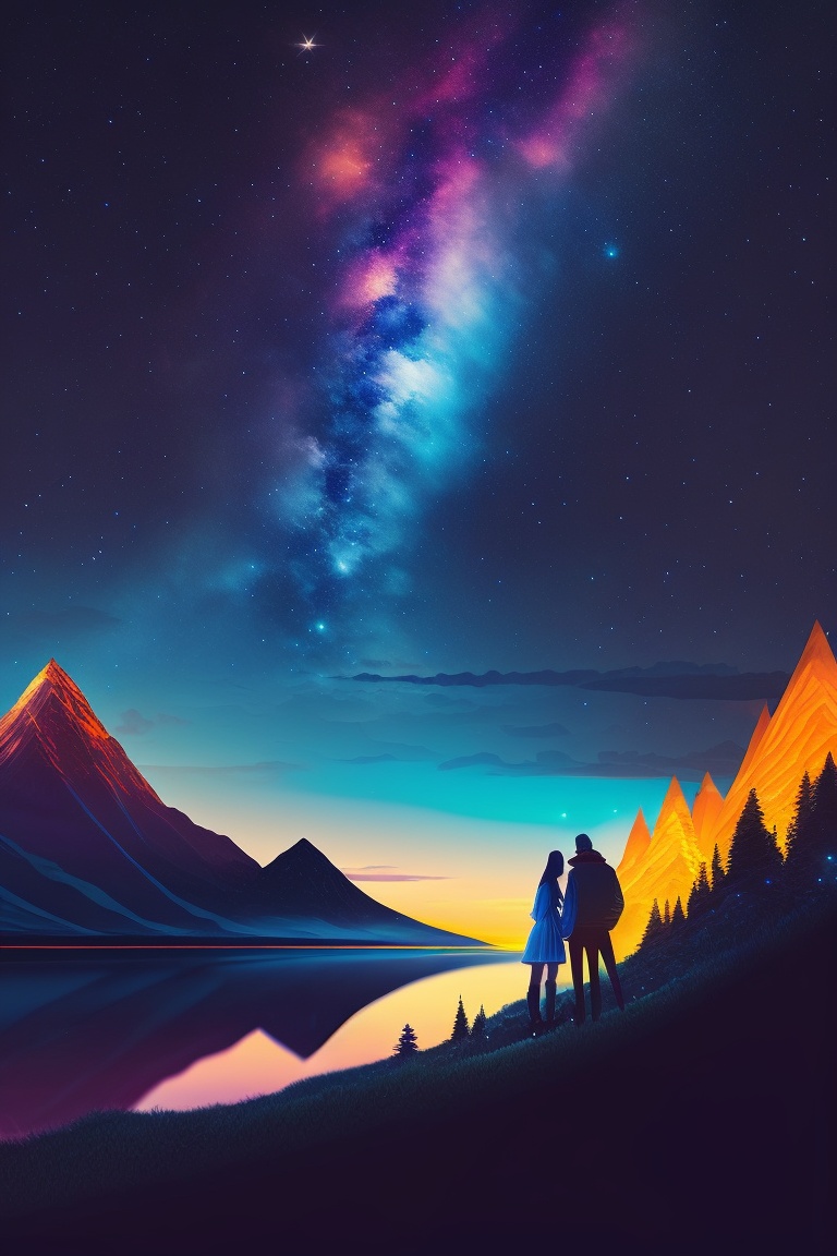 Lexica - A Girl with boy in a night fire , star night and mountains
