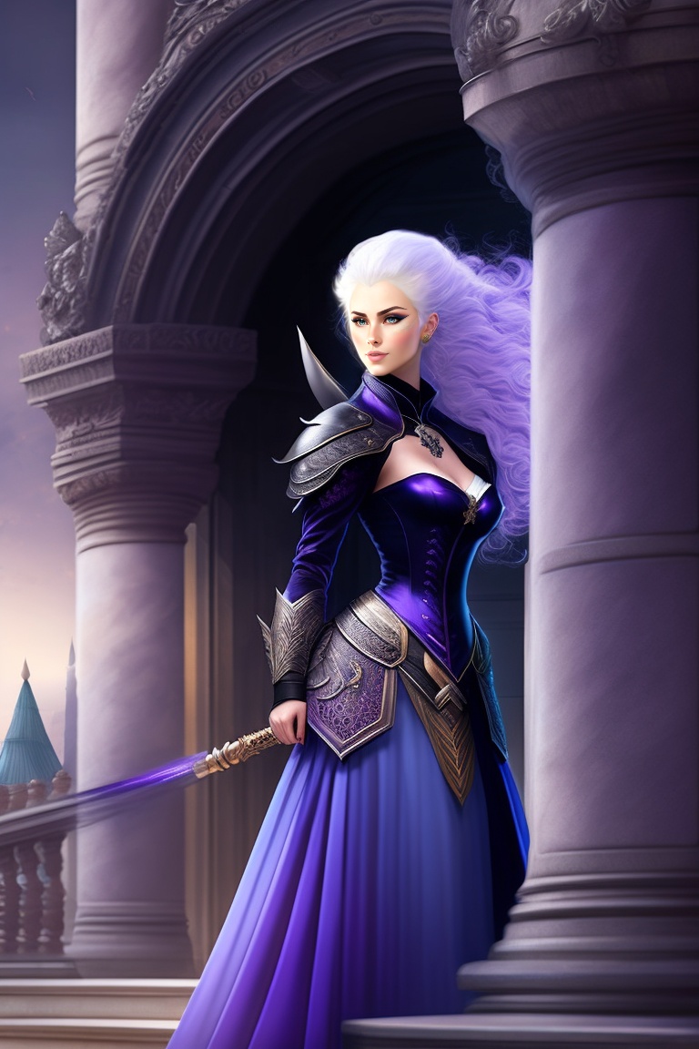 Lexica - Angry young woman, curly white hair, purple eyes, black gown ...