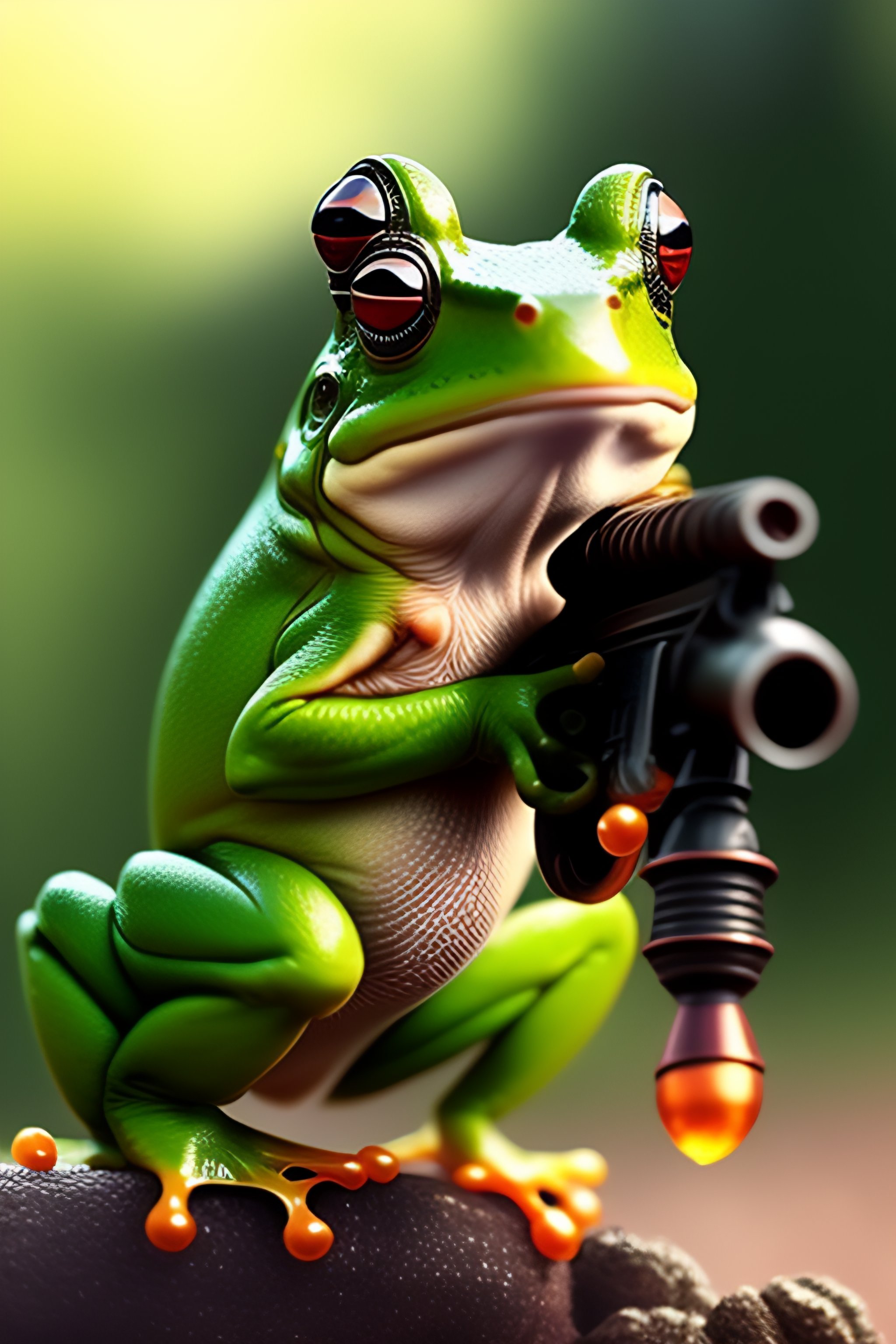 Lexica - A frog wielding a rocket-launcher from a video game.