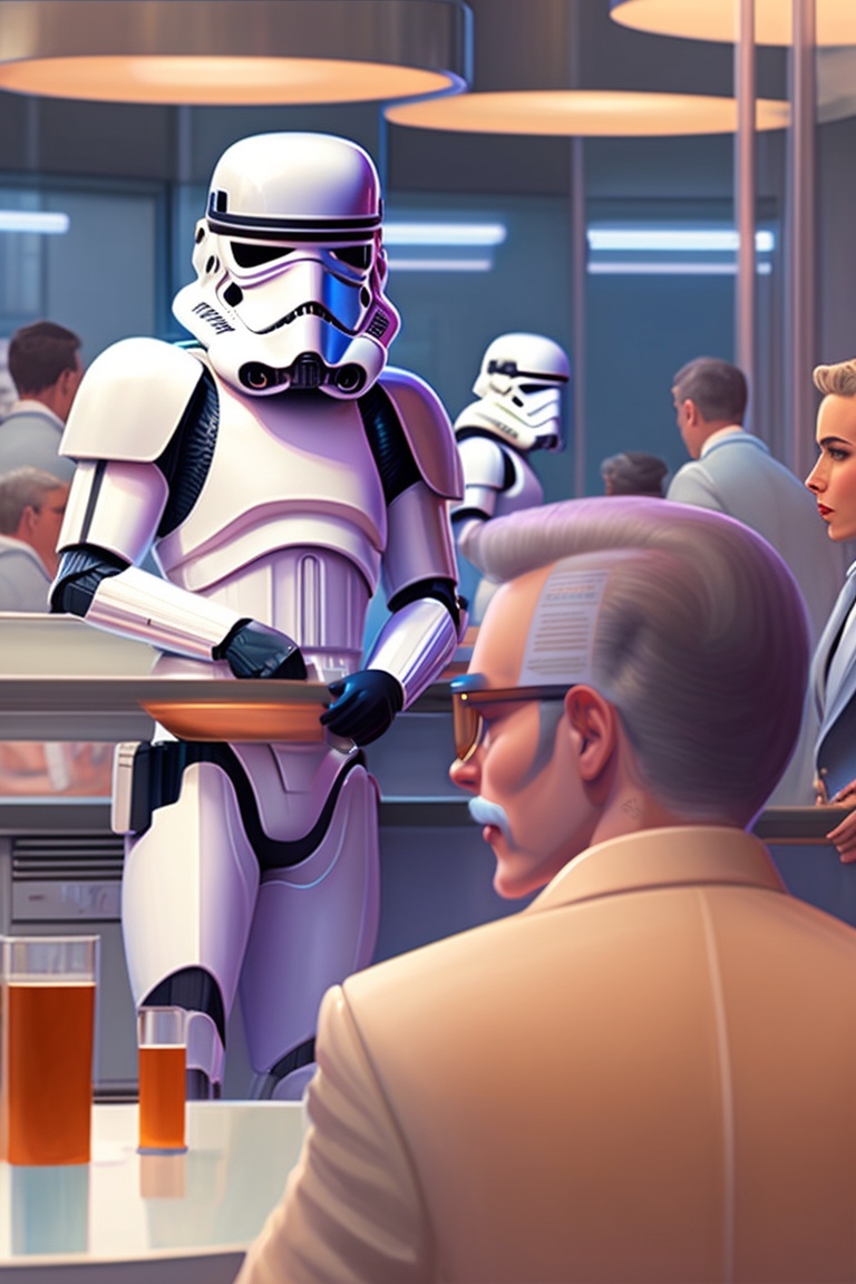 Lexica - "crowded stormtrooper break room" by syd mead, cold color palette, muted colors ...