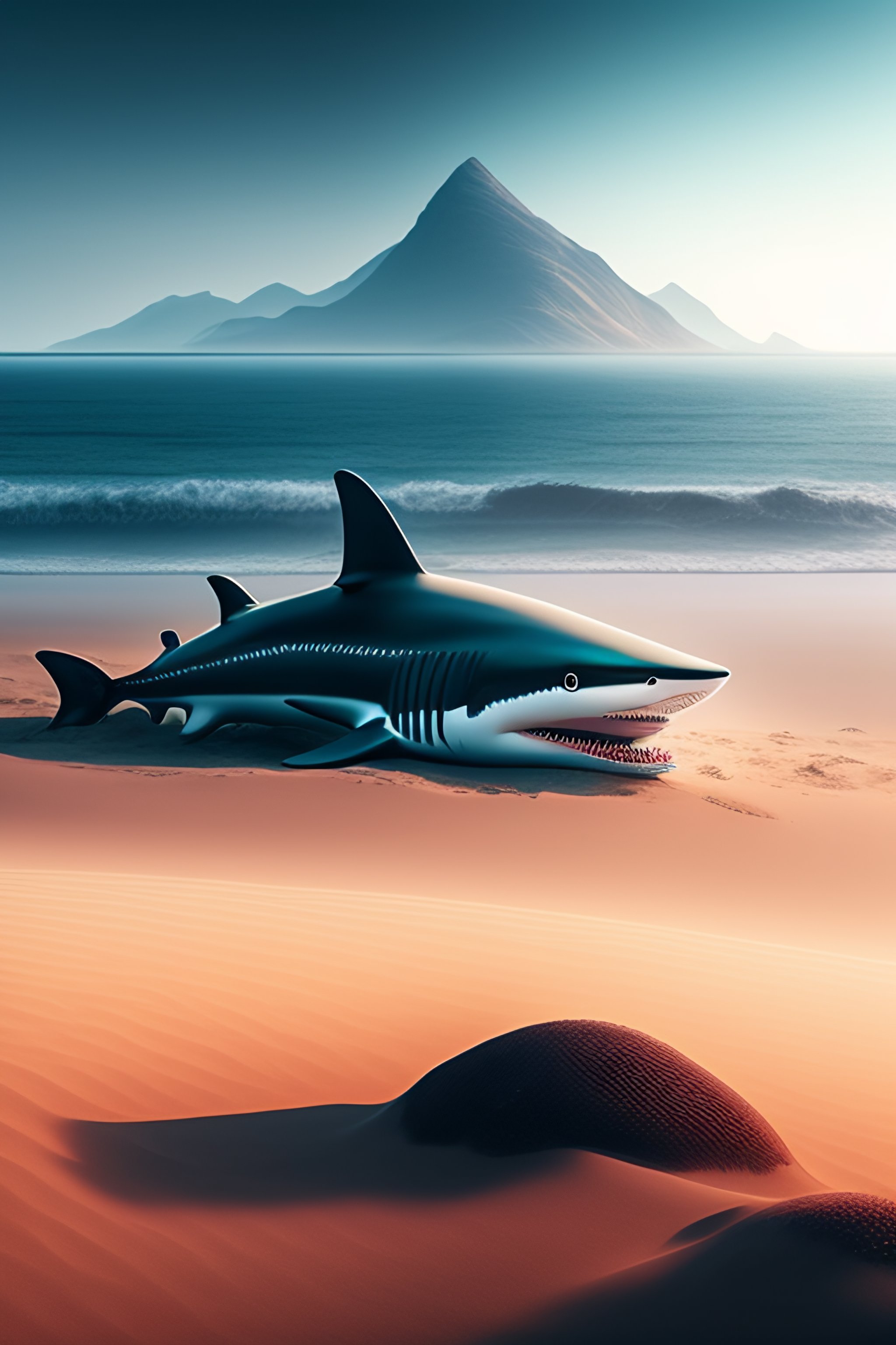 Lexica - Shark with one jaws laying in the sand on a beach with foggy ...