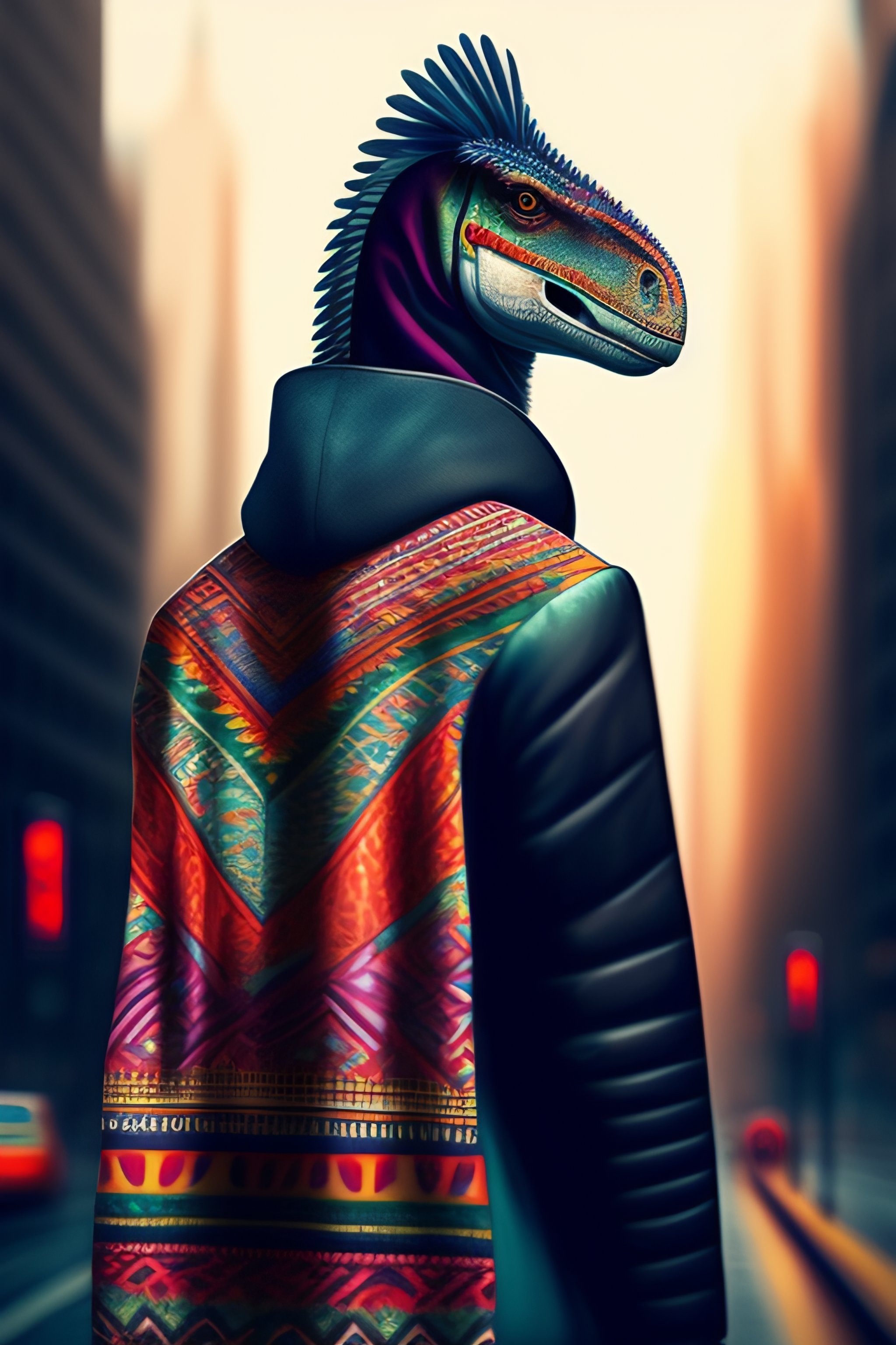 Lexica - Humanoid feathered dionsaur, long neck, aztec clothes, tail ...