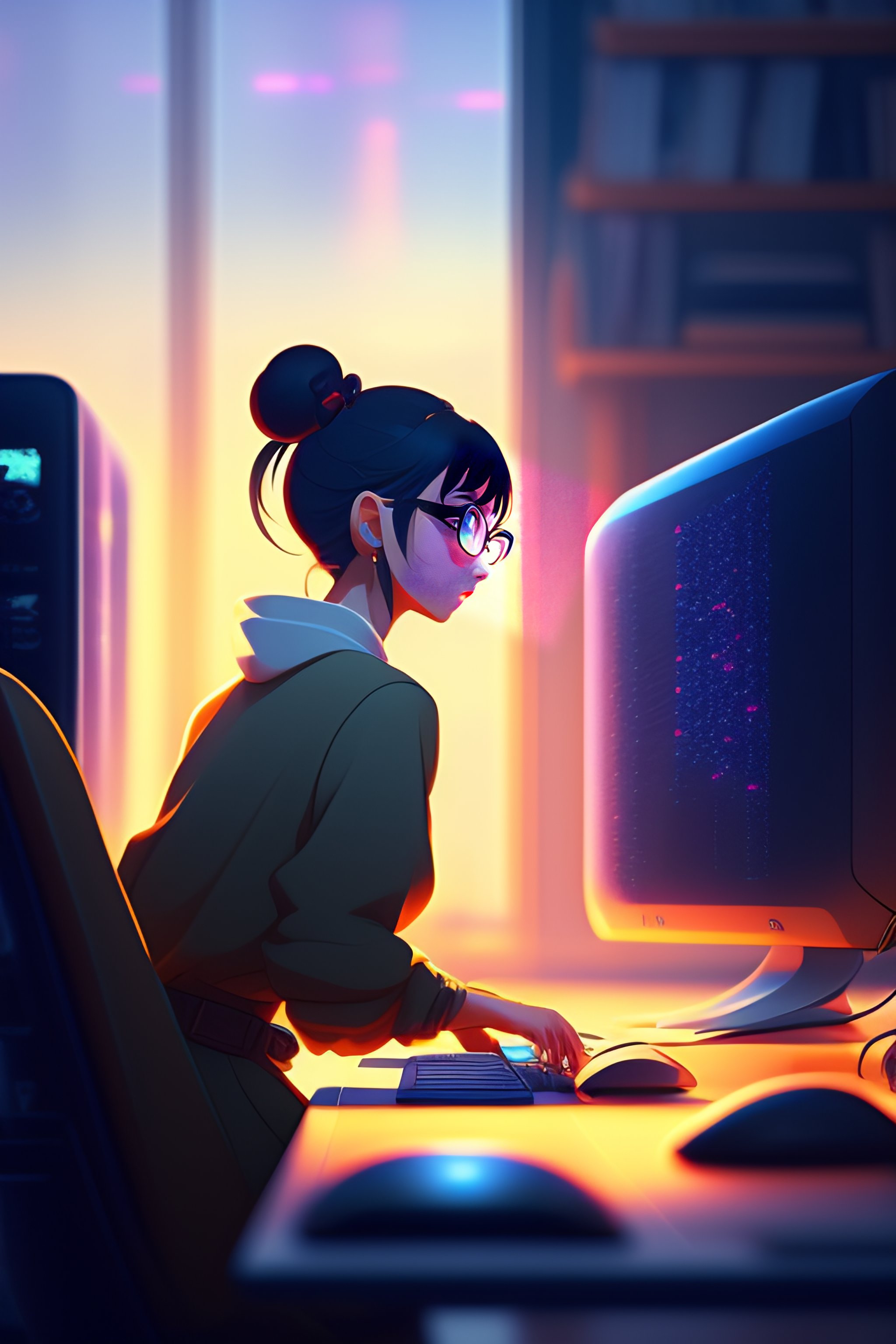 Lexica - A nerdy girl is programming at a computer in a room full of ...