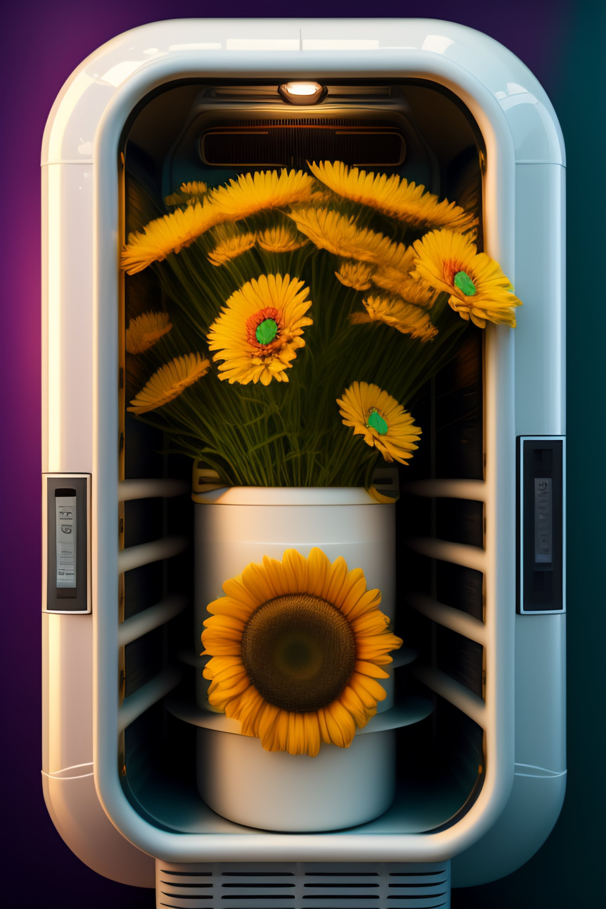 Lexica - Solar punk flowers inside a retro-futuristic white refrigerator