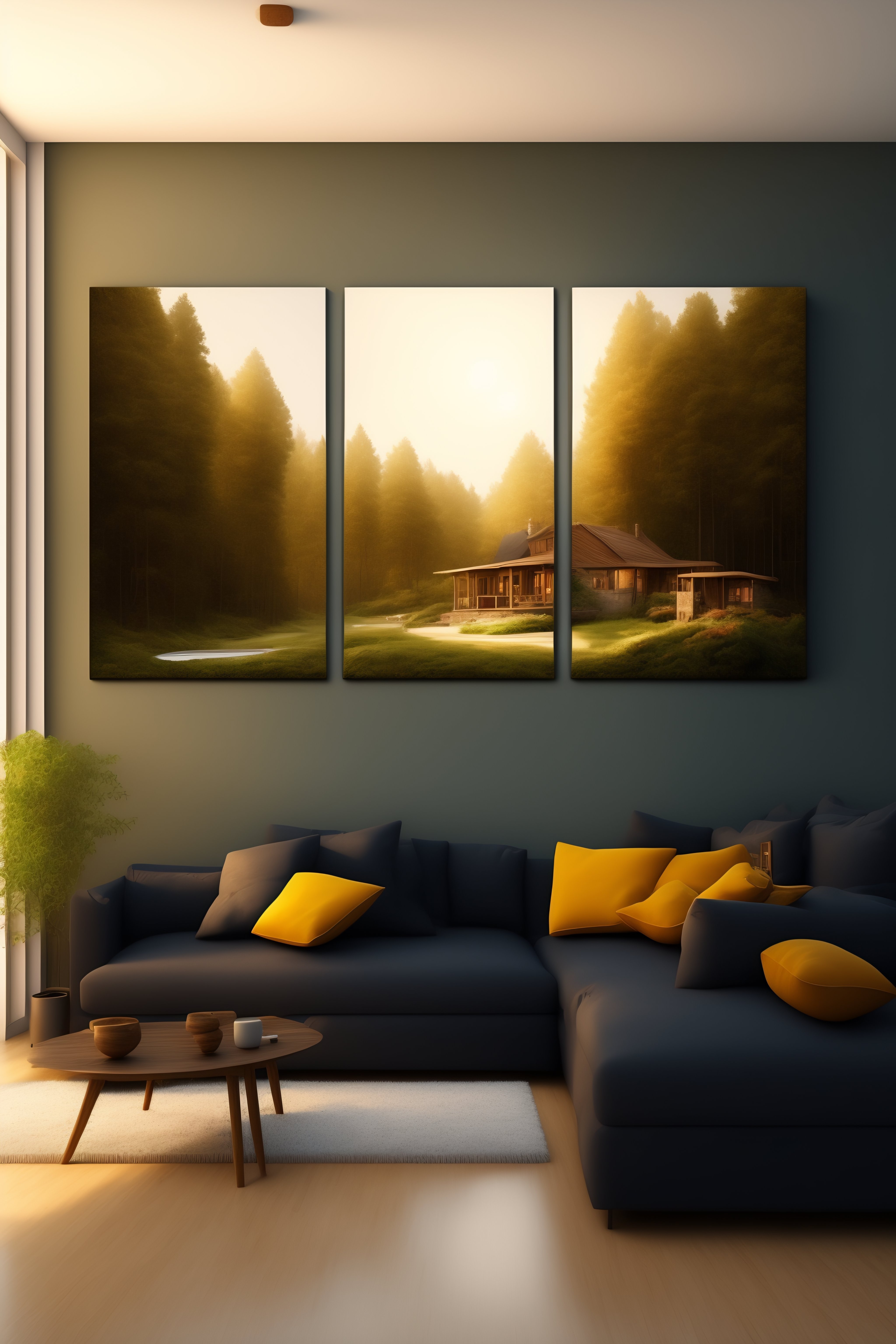 Lexica - 3 seperate canvas on wall in family house in 2000s archtechture