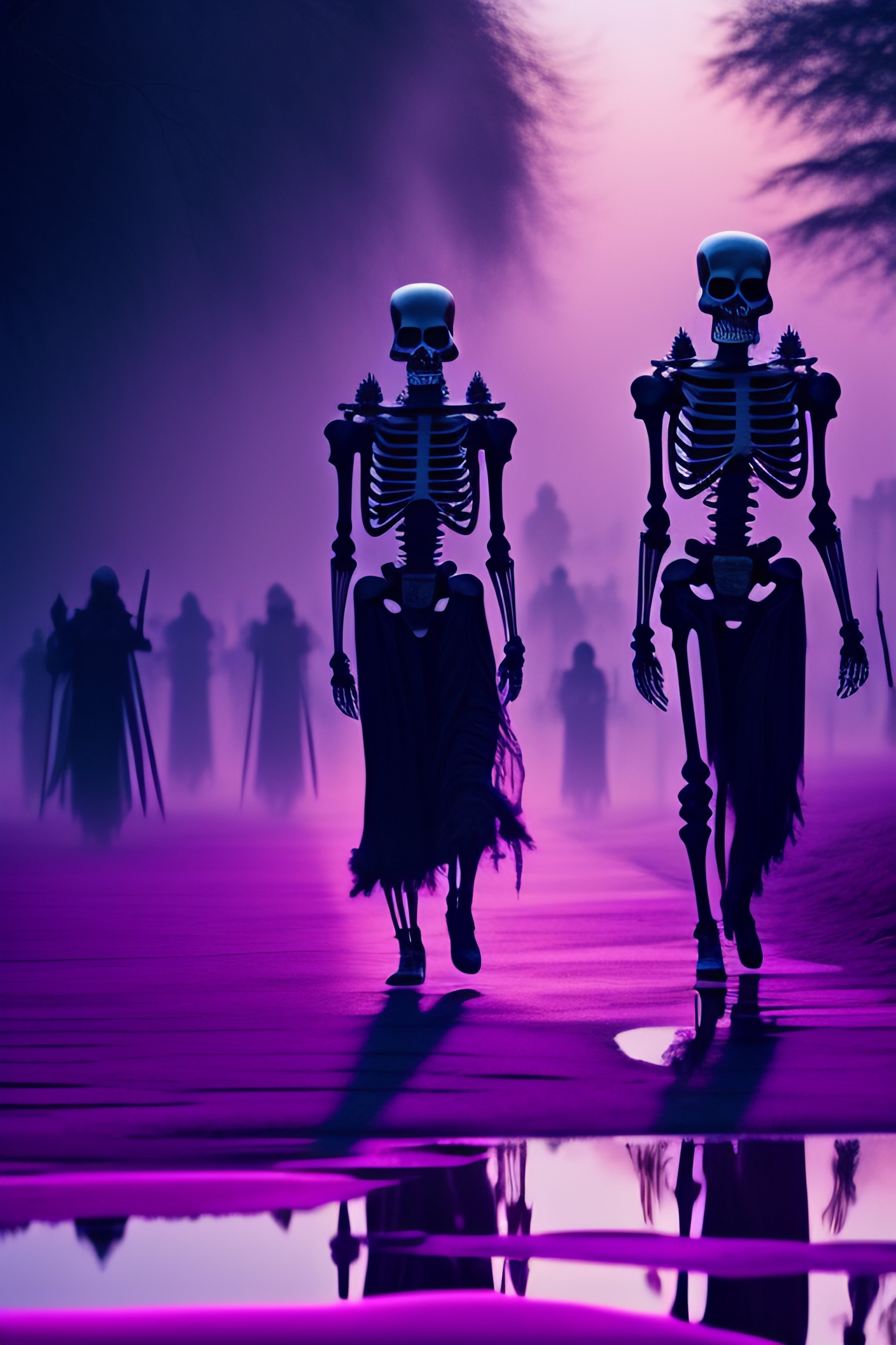 Lexica - Horror. skeletons. purple mist in background.