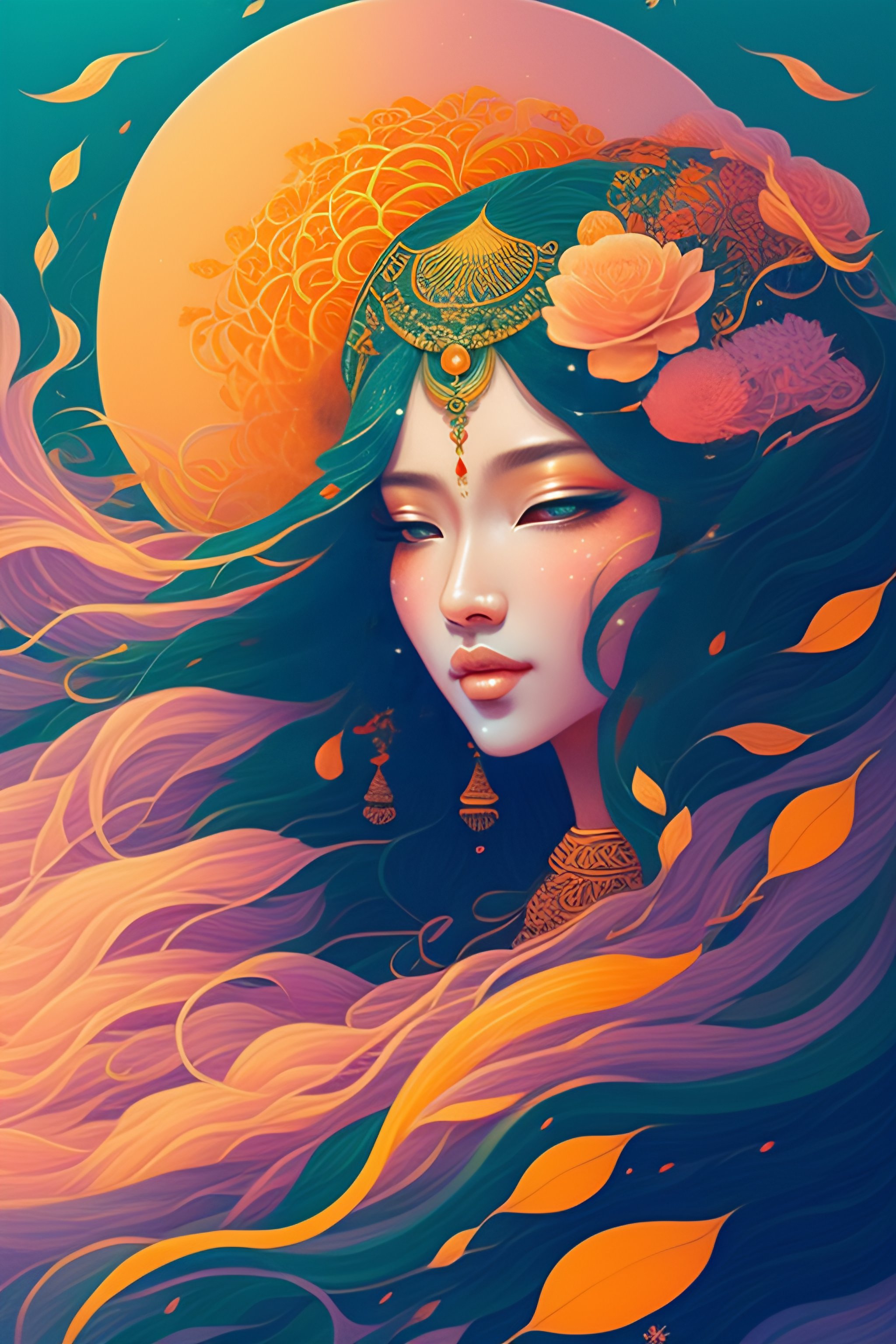 Lexica - Indian Goddess, long hair in motion, herbs and blue pastel ...