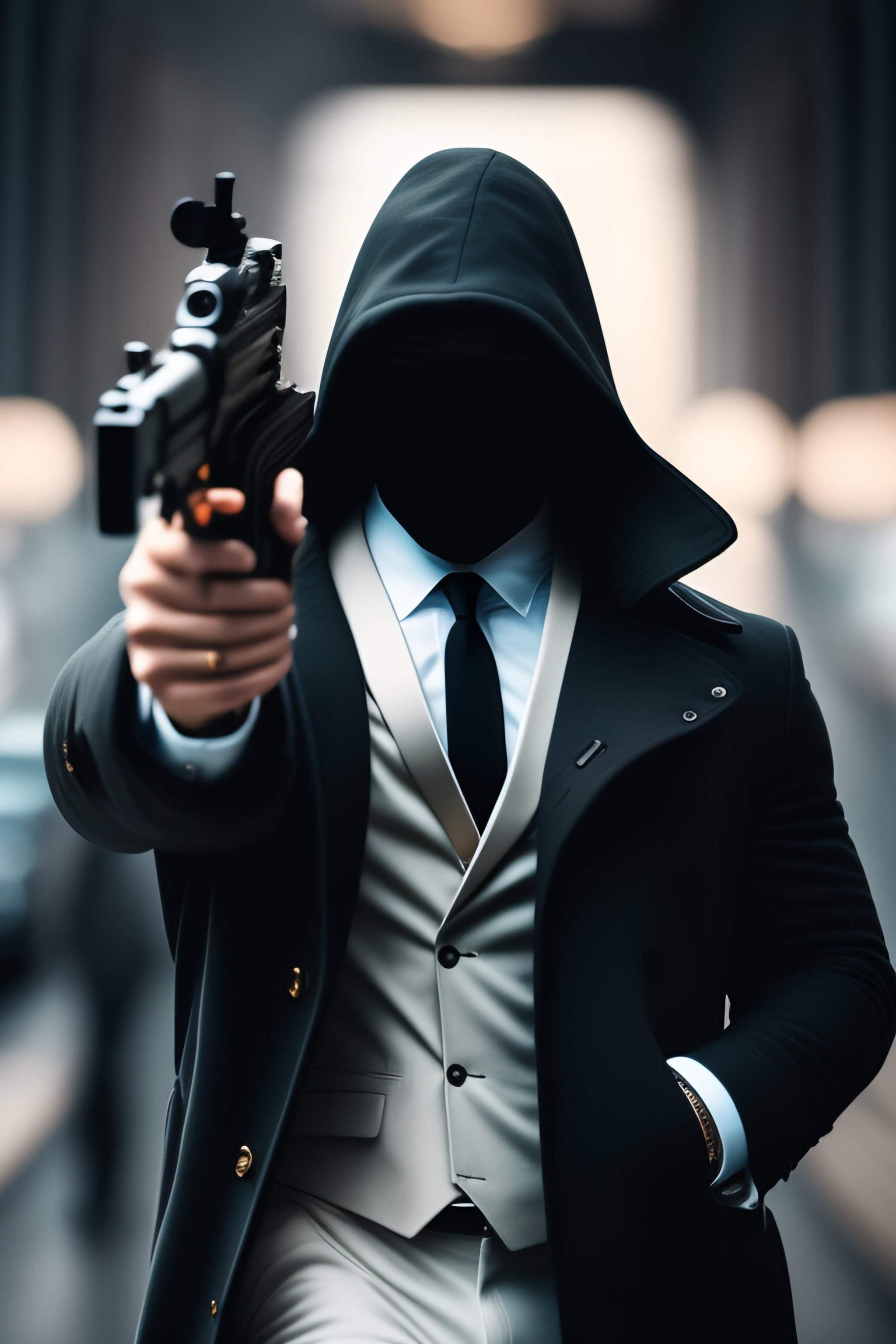 Lexica - A white faceless man wearing a black trench coat wielding two ...