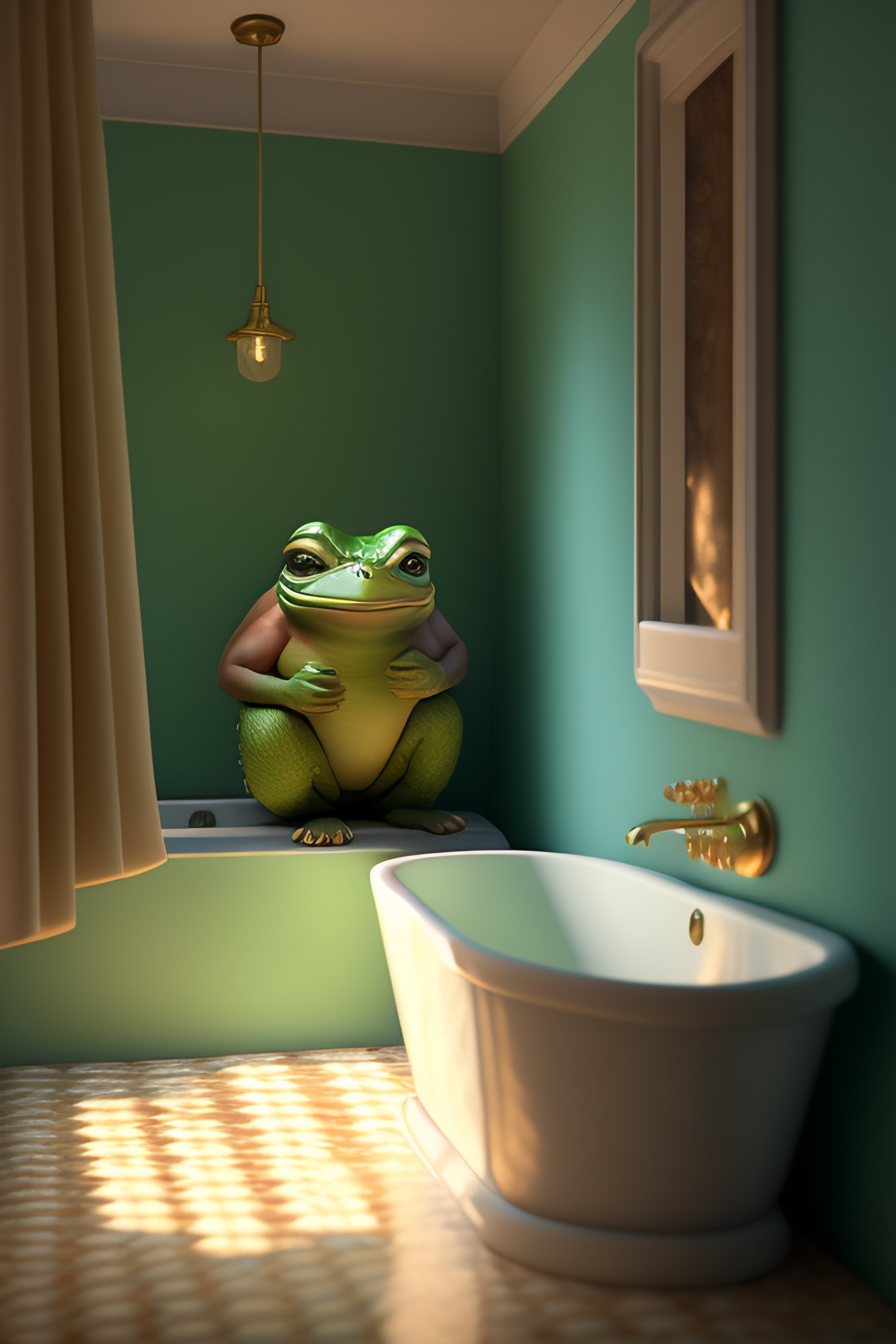 Lexica - An exhausted pepe the frog in his tiled bathroom, key lighting ...