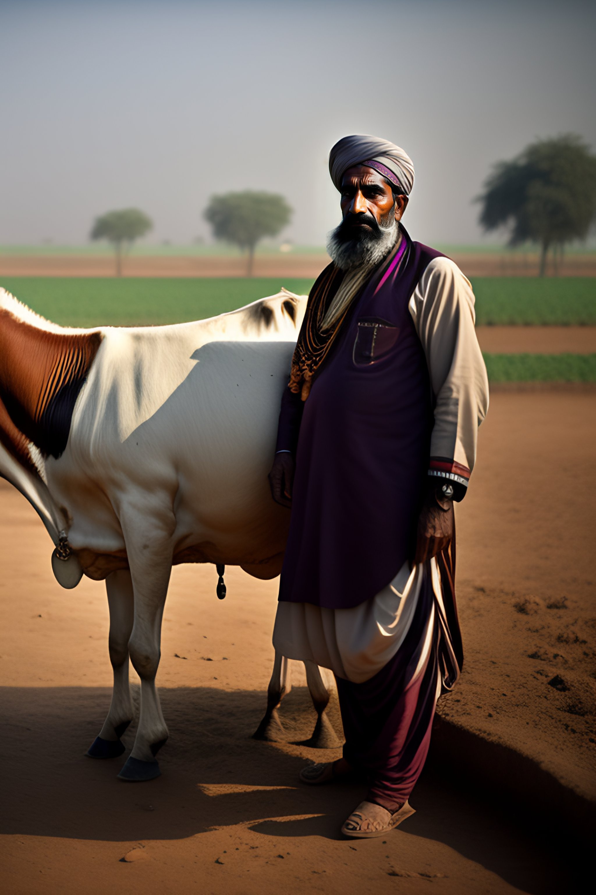Lexica - Portrait of a Pakistani man in a farm milking a cow.