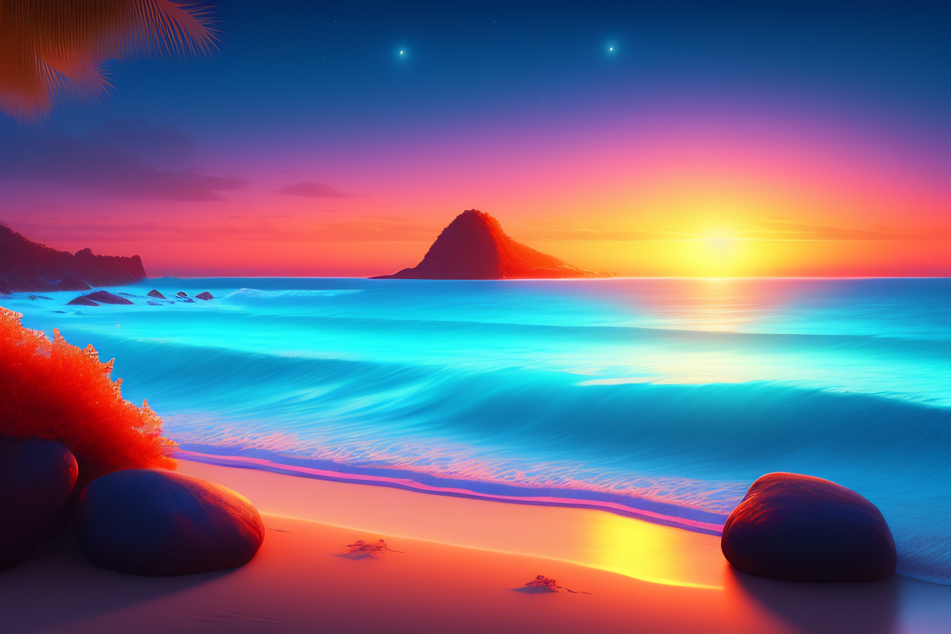 Lexica - Cyan glowing ocean, red sunset ,white sand beach, giant ...