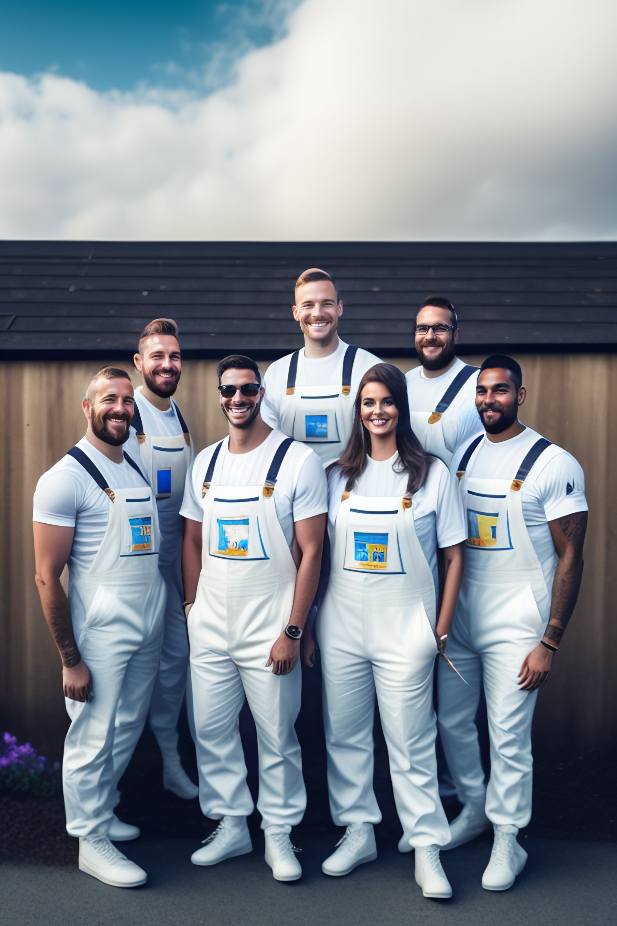 Lexica - An army of smiling painters wearing white dungarees, wide ...