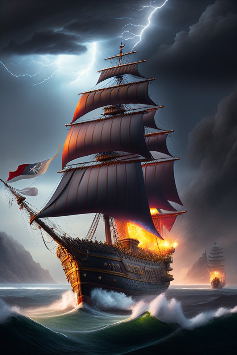 Lexica - A massive, strong pirate ship sailing in a stormy night ...