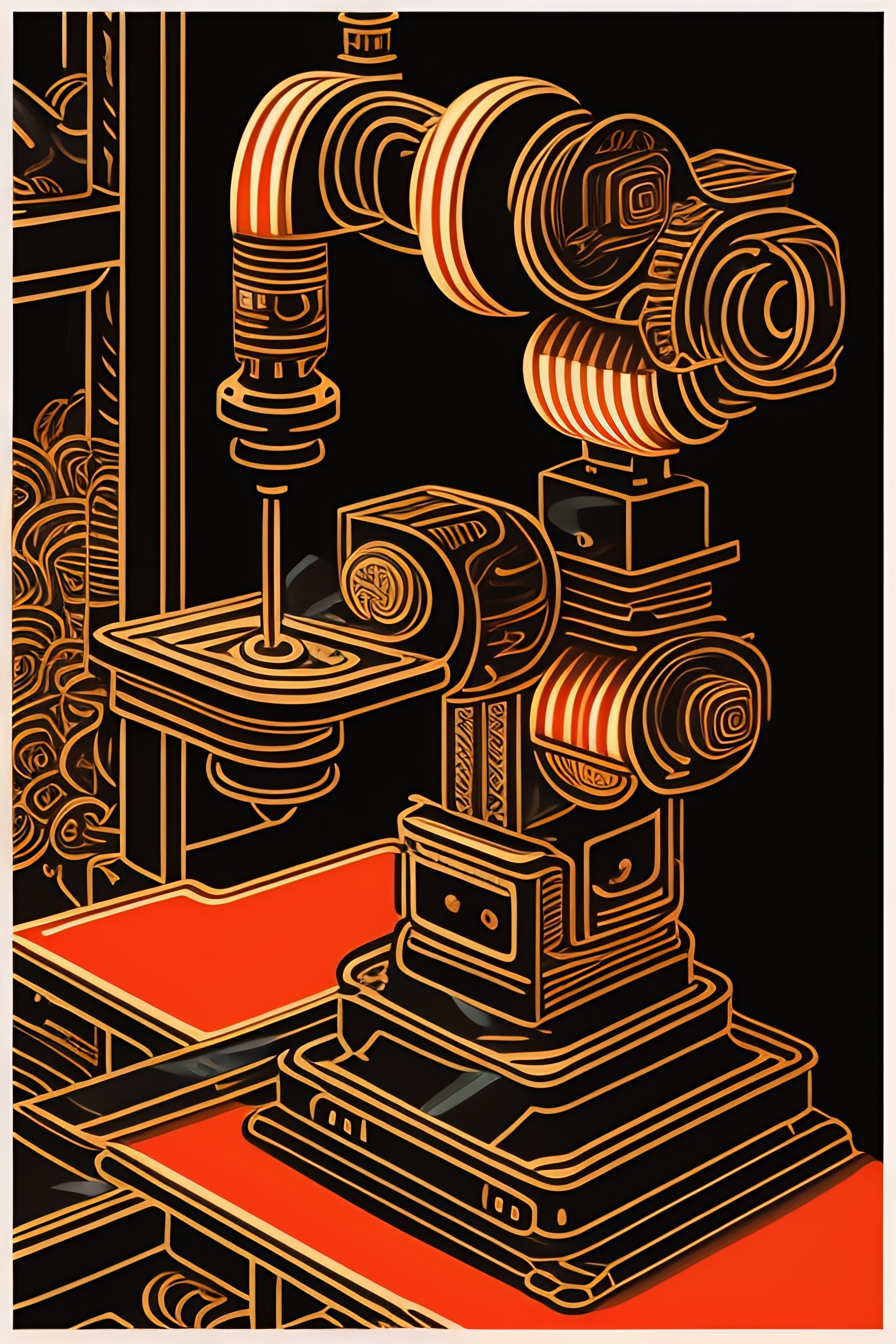 Lexica - A robot manufacturing arm in the style of a woodblock print