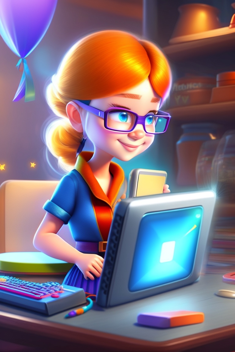 Lexica - Bright Pixar art girl playing computer games, where the ...