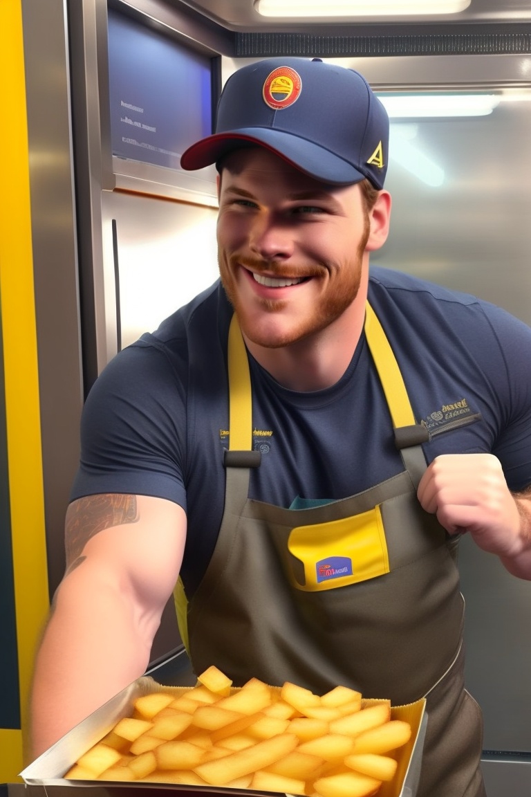 Lexica - Chris Pratt dressed as McDonald’s worker serving French fries ...