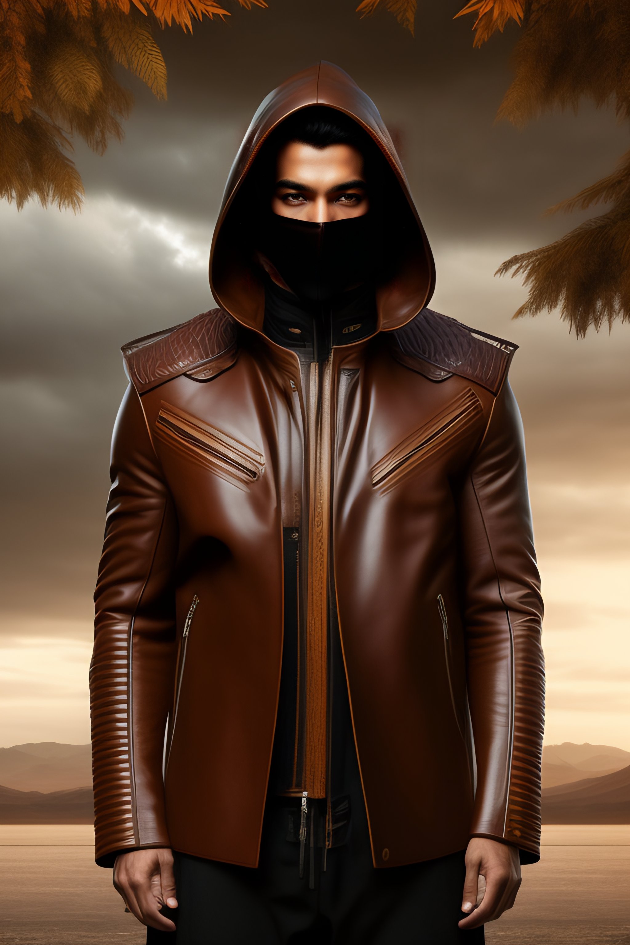Lexica - An humanoid with a dirty brown leather hooded jacket, amask ...