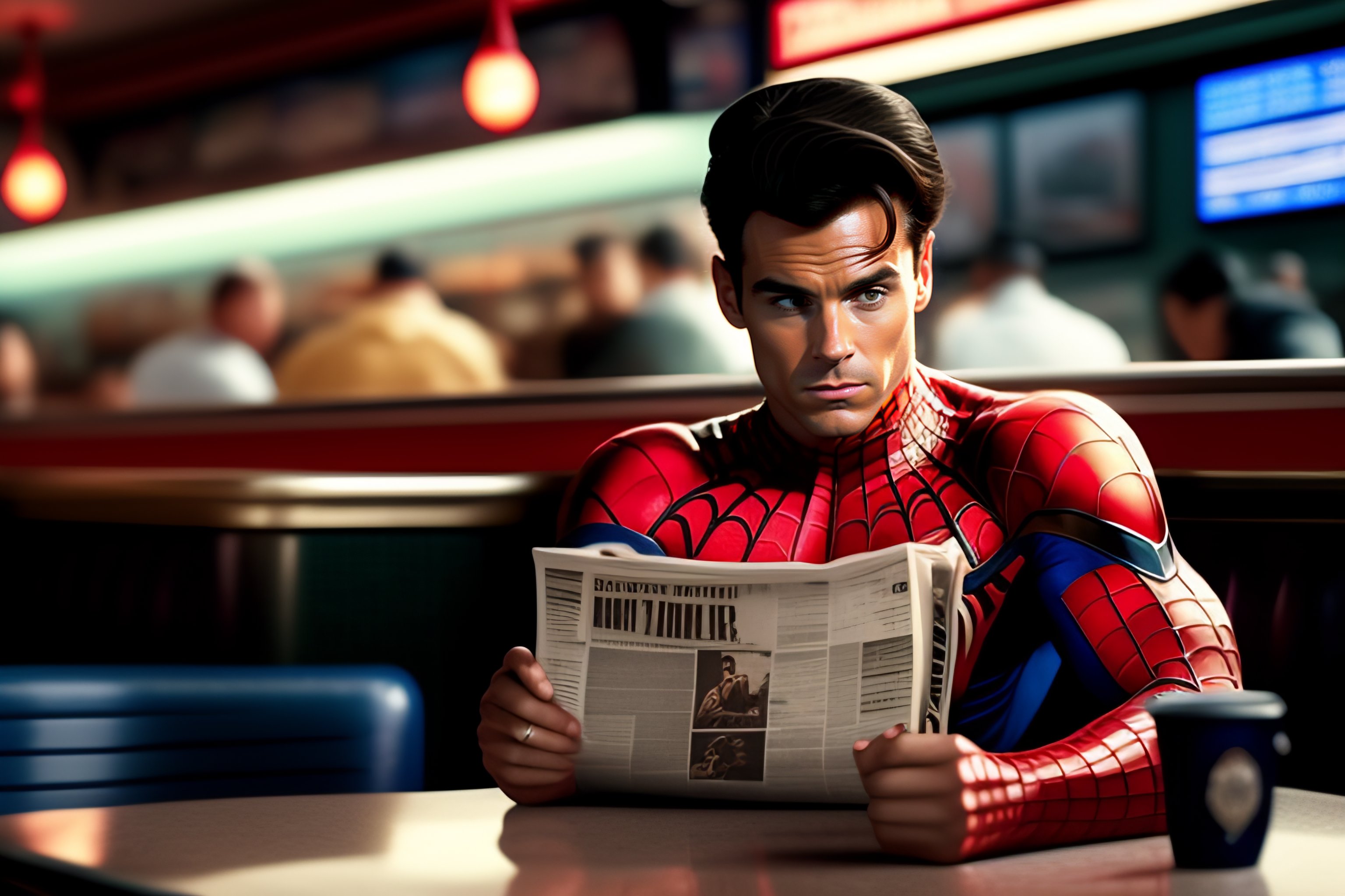 Lexica - Spider-Man reading a newspaper inside of a diner, cinematic ...