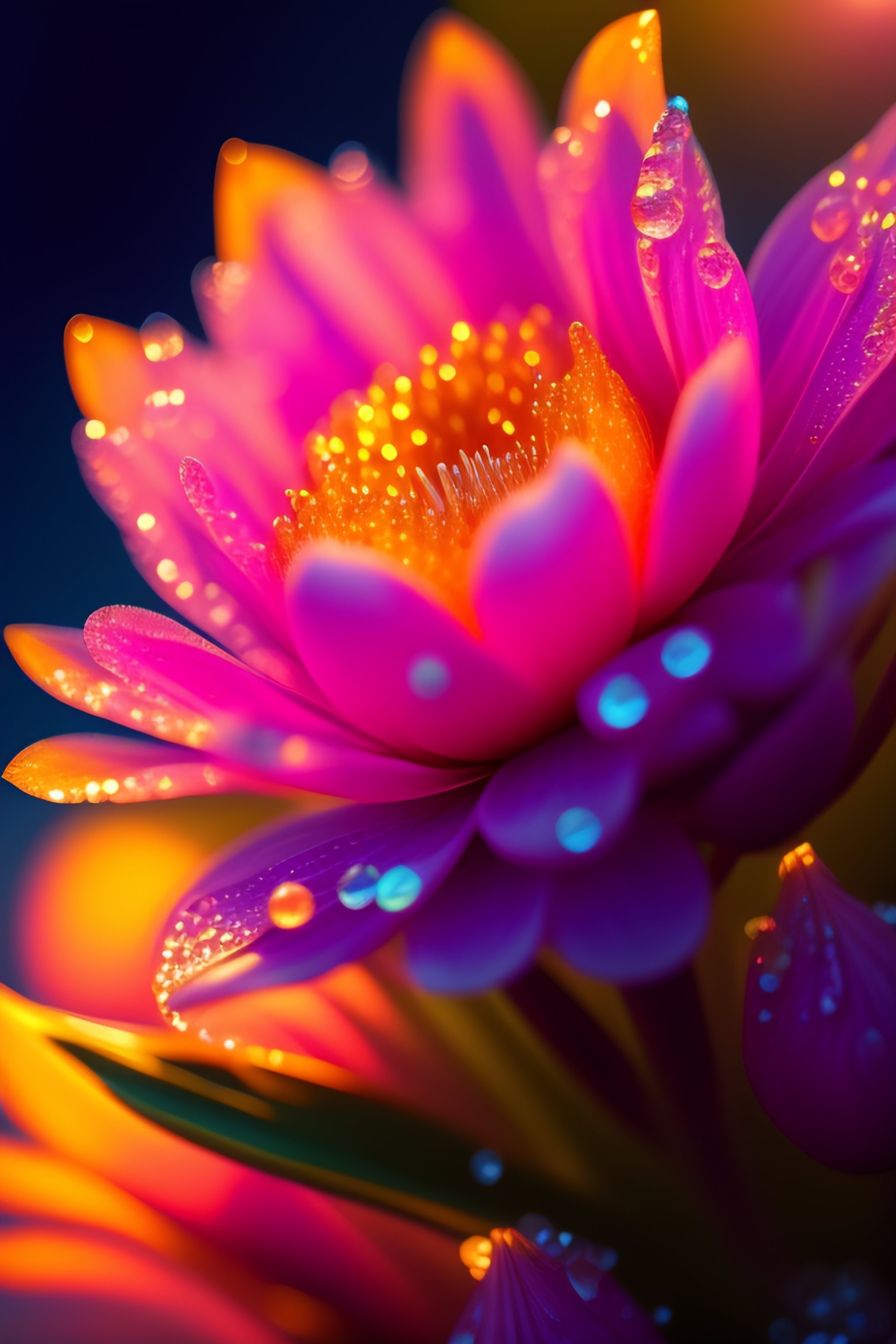 Lexica - Vivid flowers with dew drops, vibrant leaves and stems, golden ...