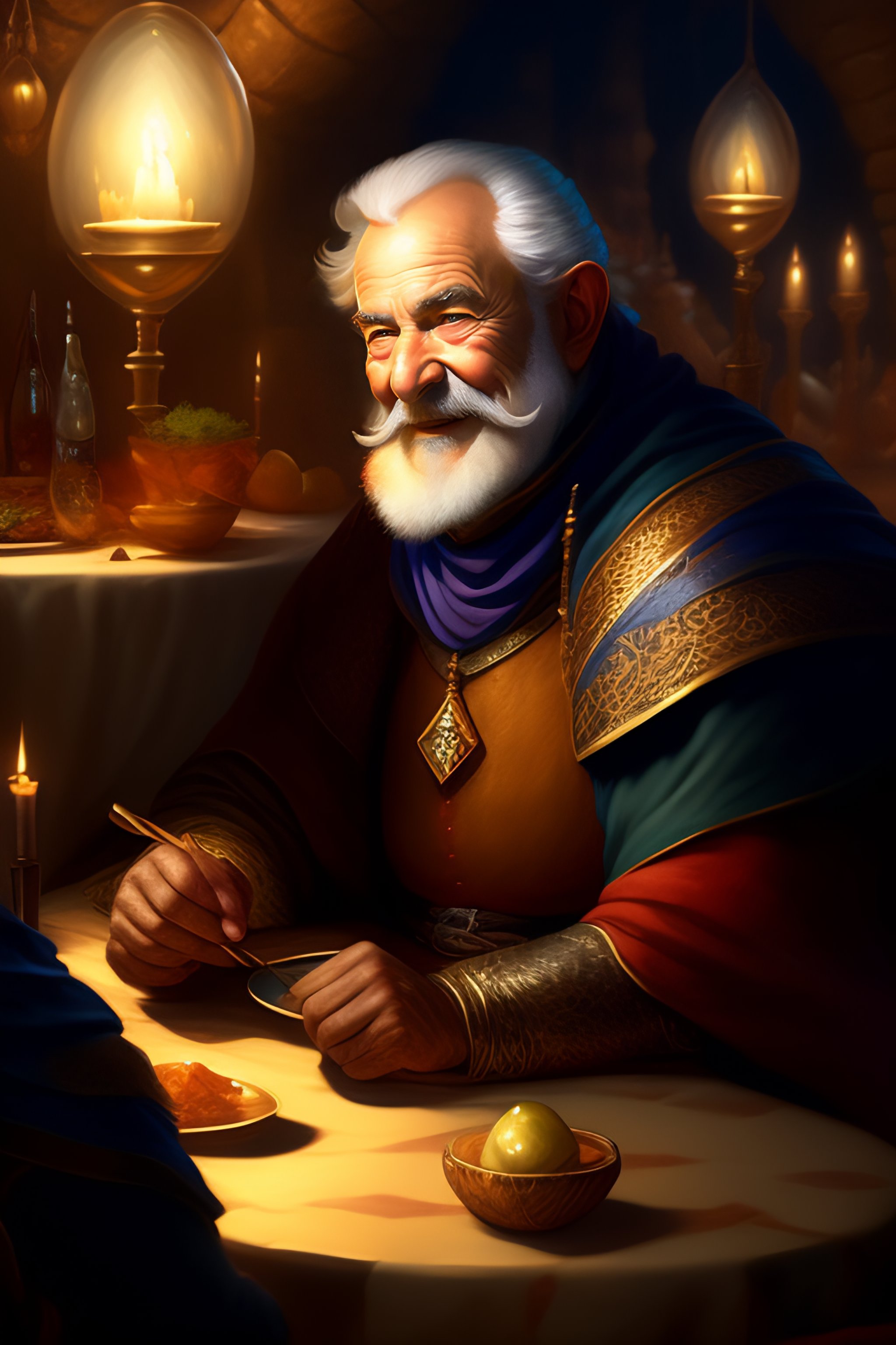 Lexica - An old wise and happy wizard sitting at a table in a medieval ...