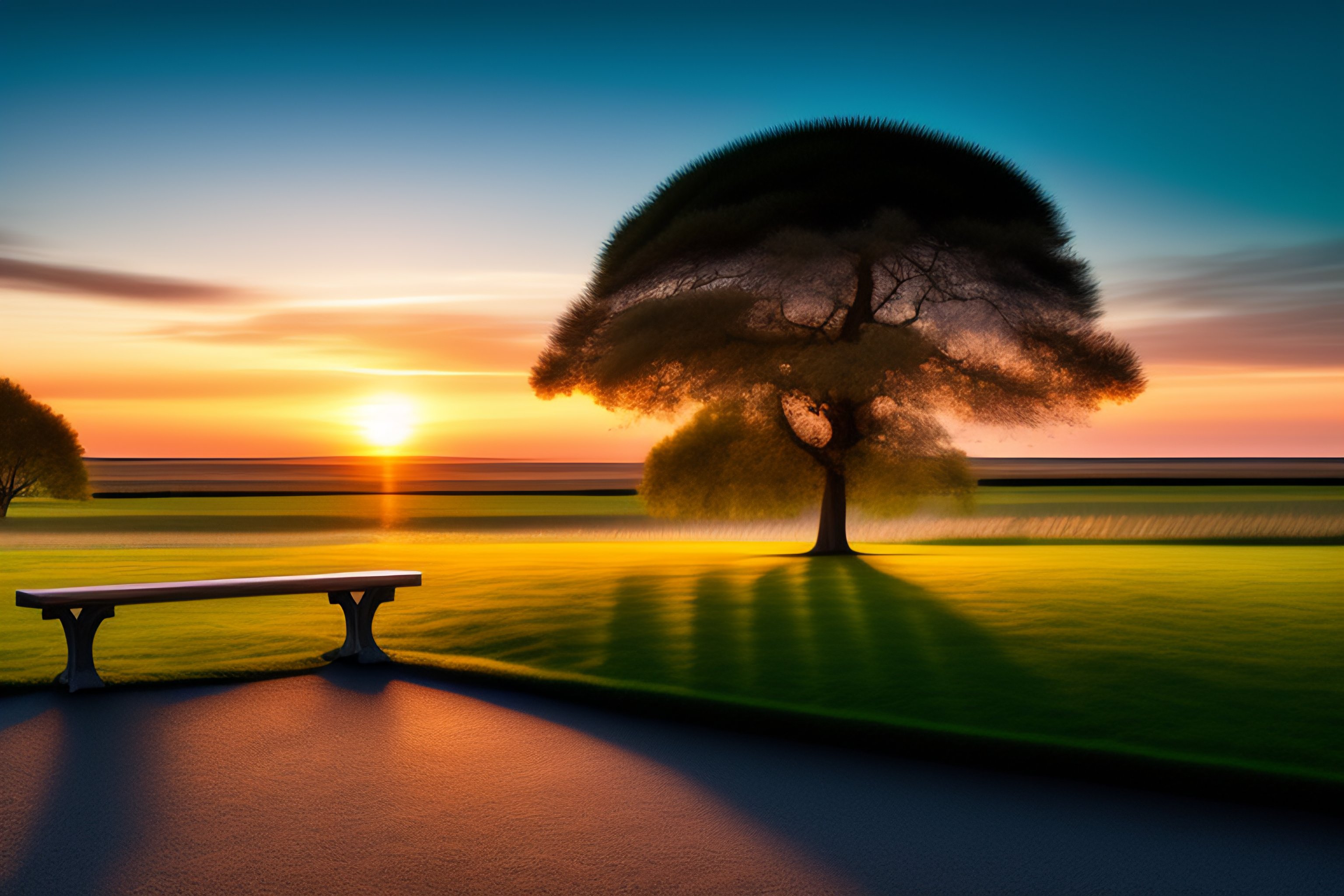 Lexica - Peaceful bench a beautiful landscape in front of it at sunset ...
