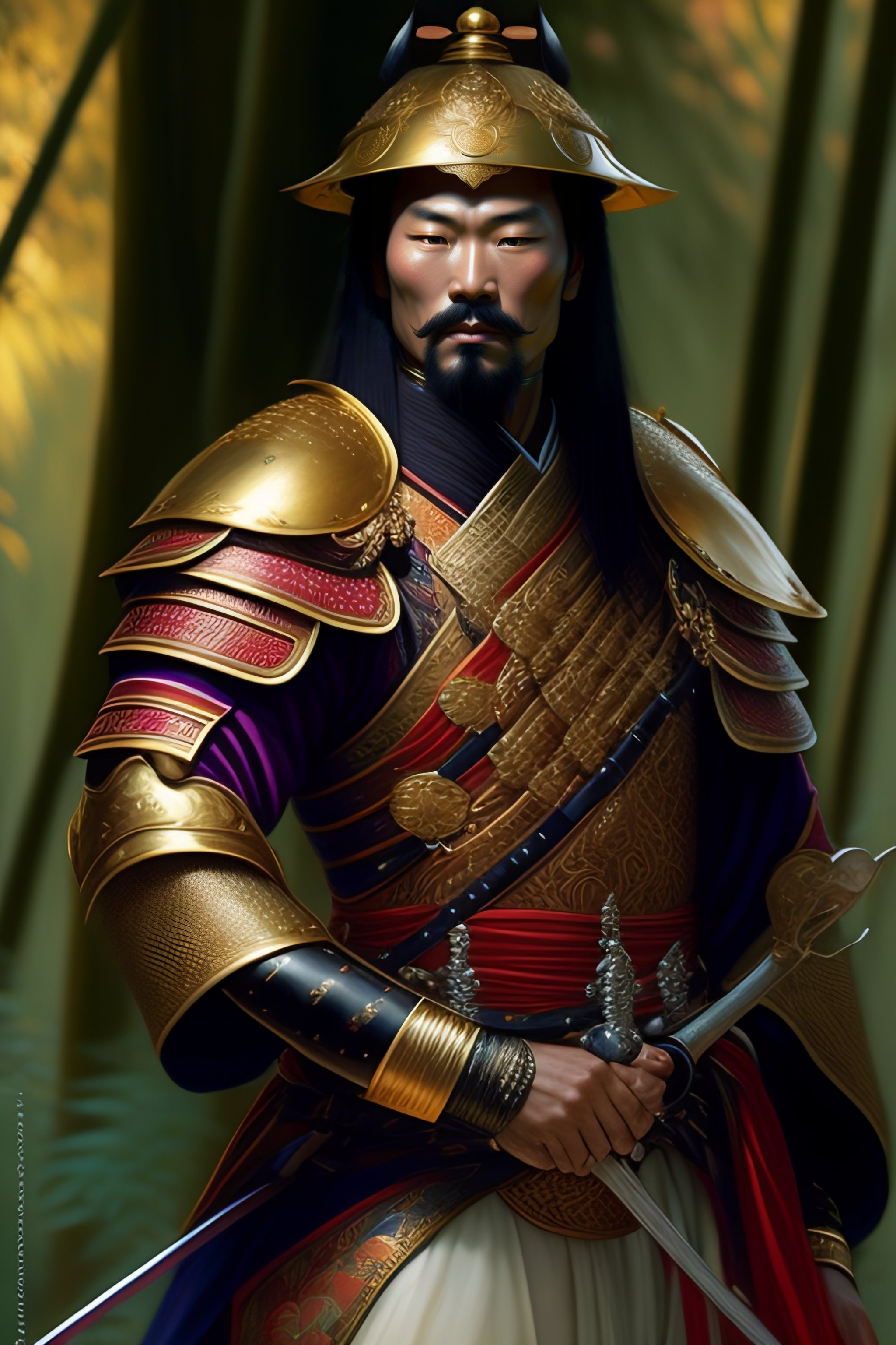 Lexica - Close up of samurai general in full armor, in a bamboo forest ...