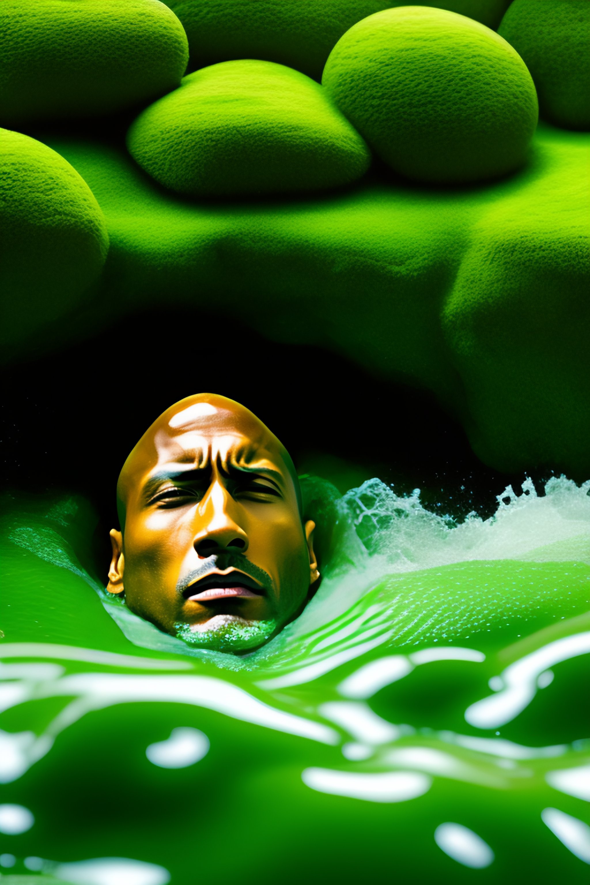 Lexica - Dwayne johnson drowning in a sea of green slime, Realistic