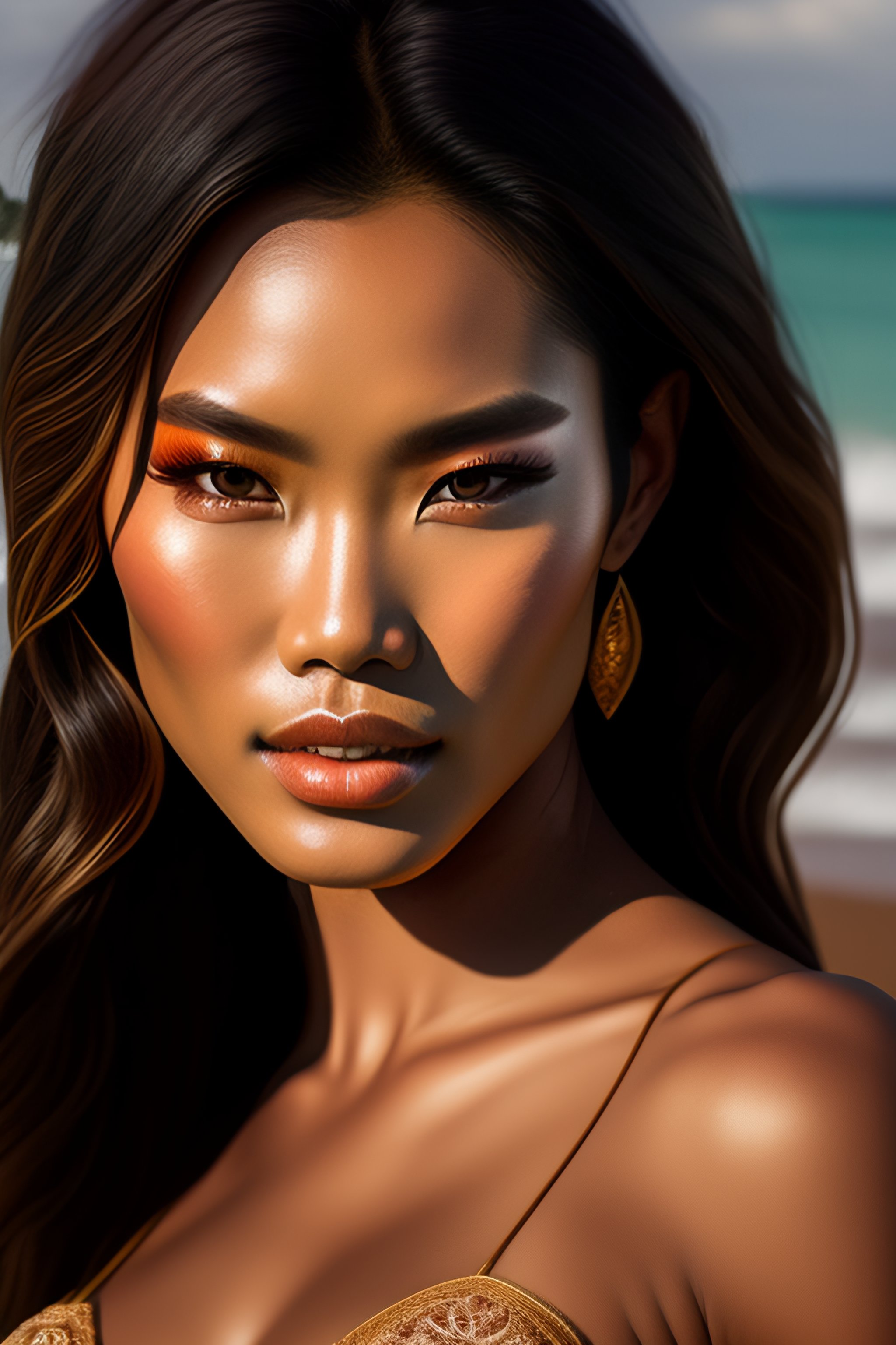 Lexica - A gorgeous Balinese model photo, in a tan lace bikini ...