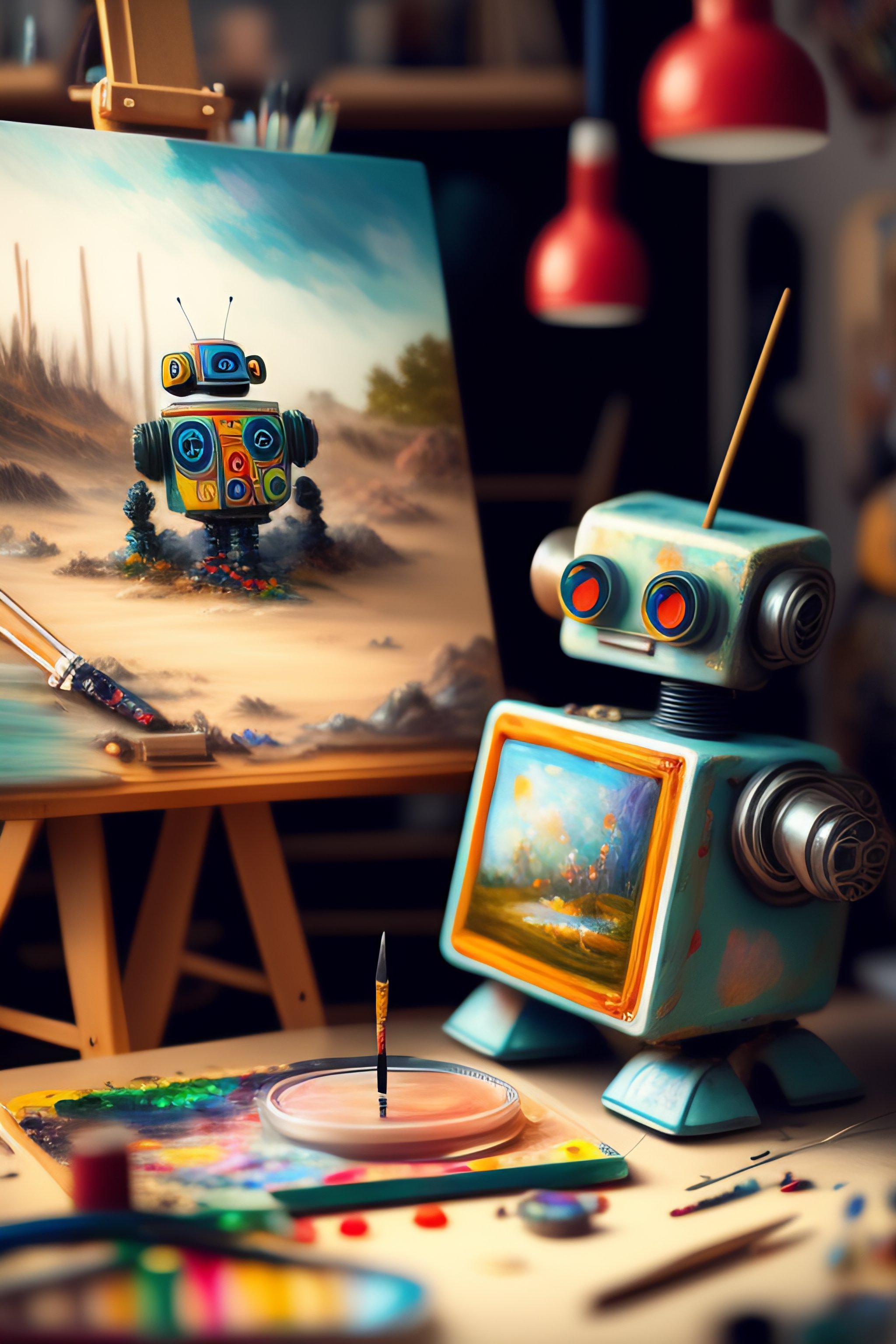 Lexica - A messy, chaotic artist's workshop, inside is a cute robot ...