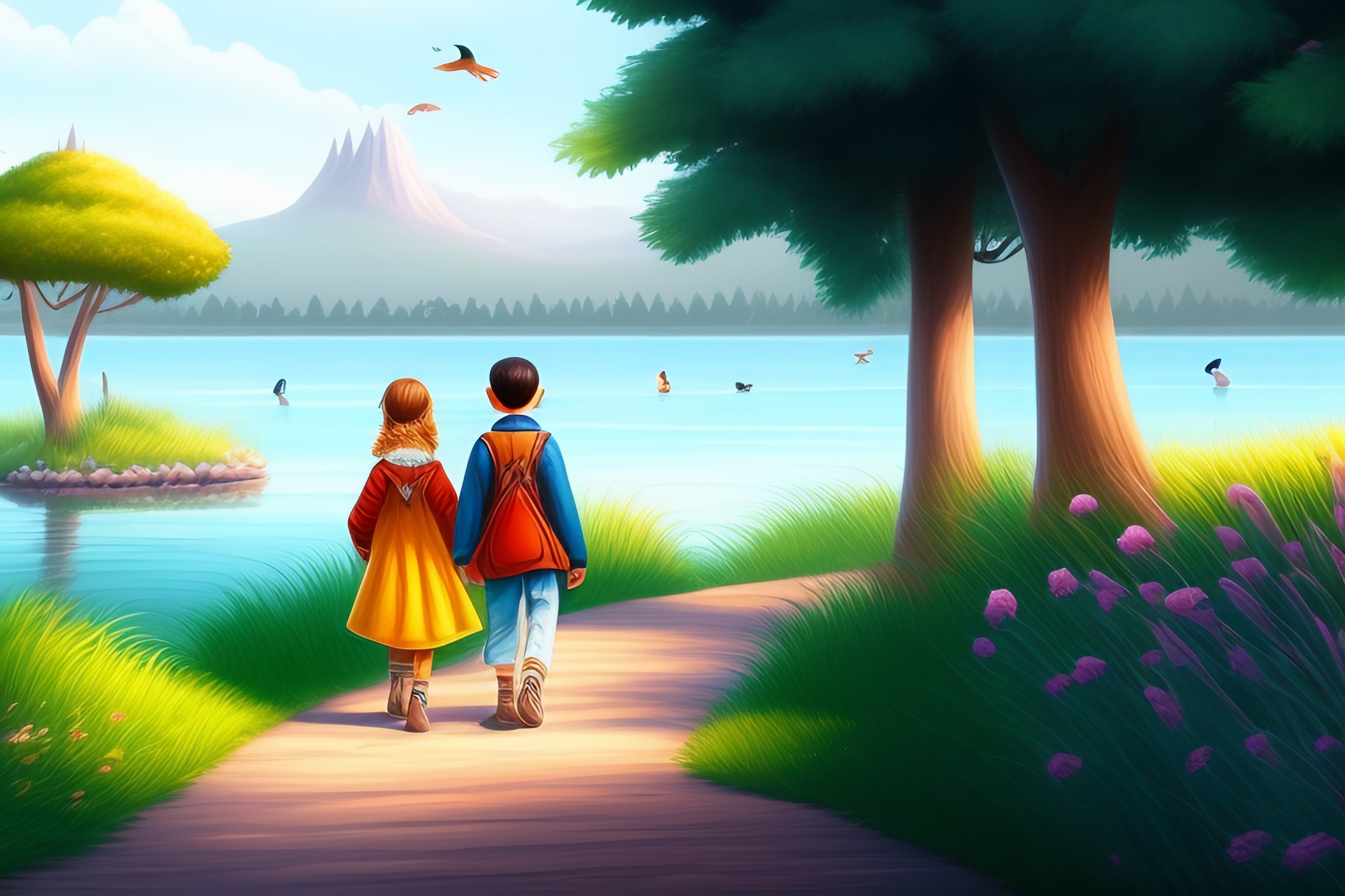 Lexica - A cartoon pictures of Birds walking near lake , in indain ...