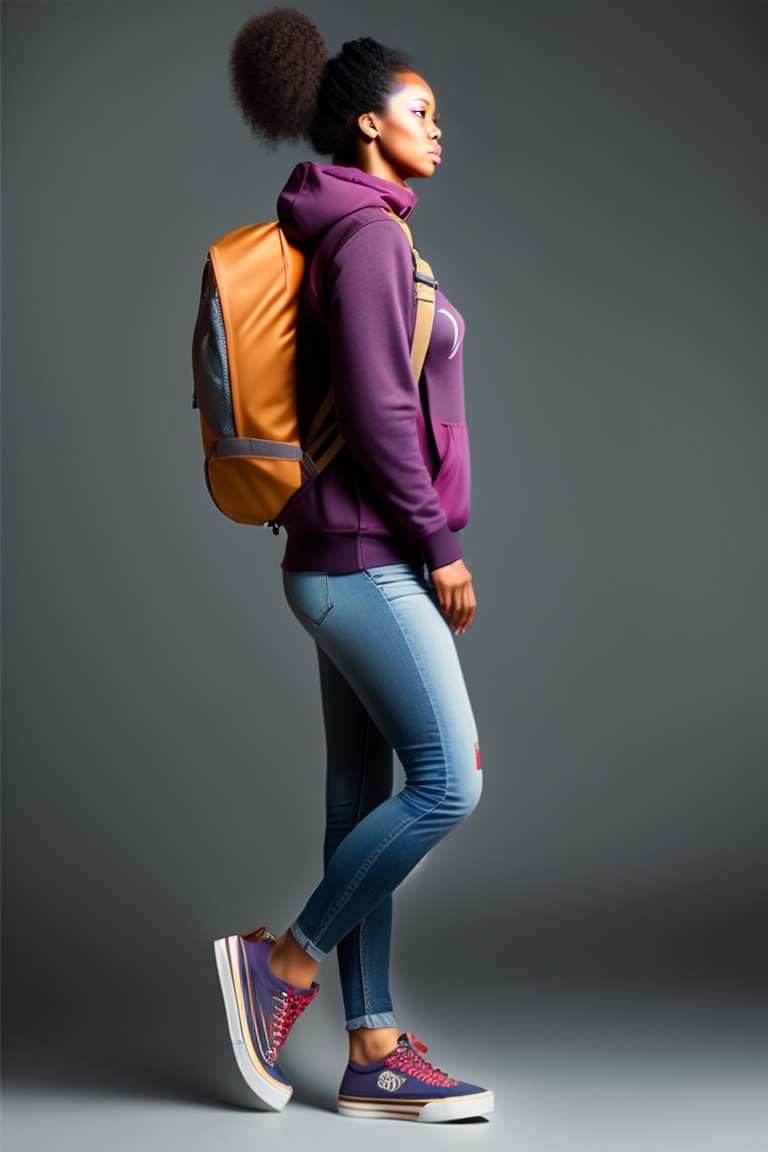 Lexica - A women standing with her left leg up a step, in jeans and a ...