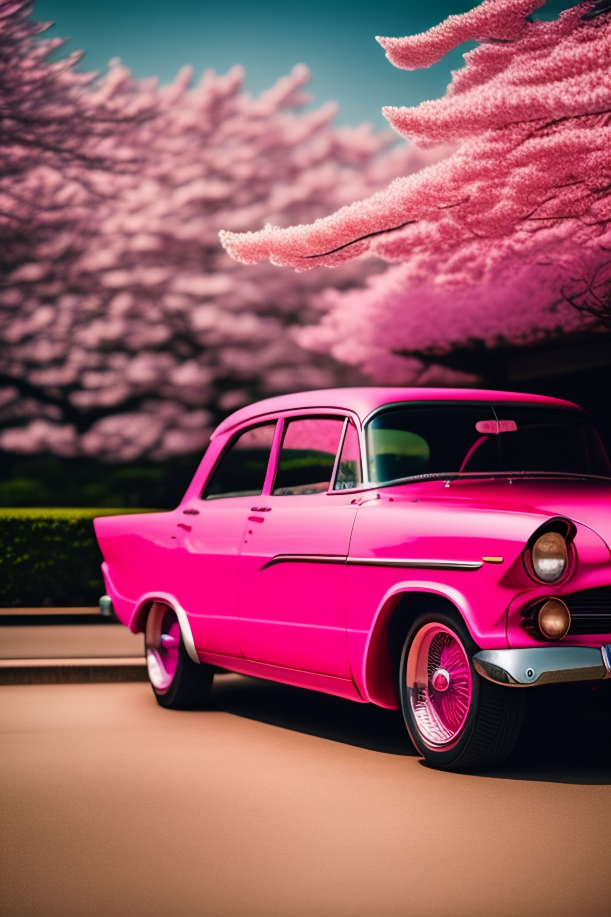 Lexica - Man standing over drift car next to blooming pink blossom tree ...